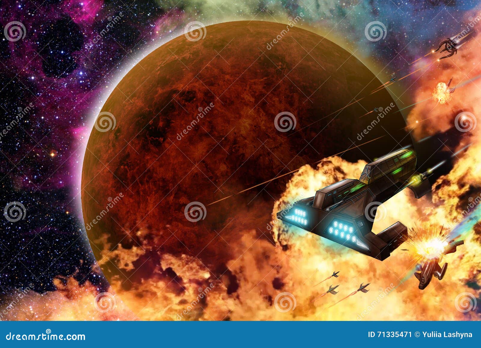 Space Battle Near An Alien Planet With Two Moons, Same Rockets Against ...