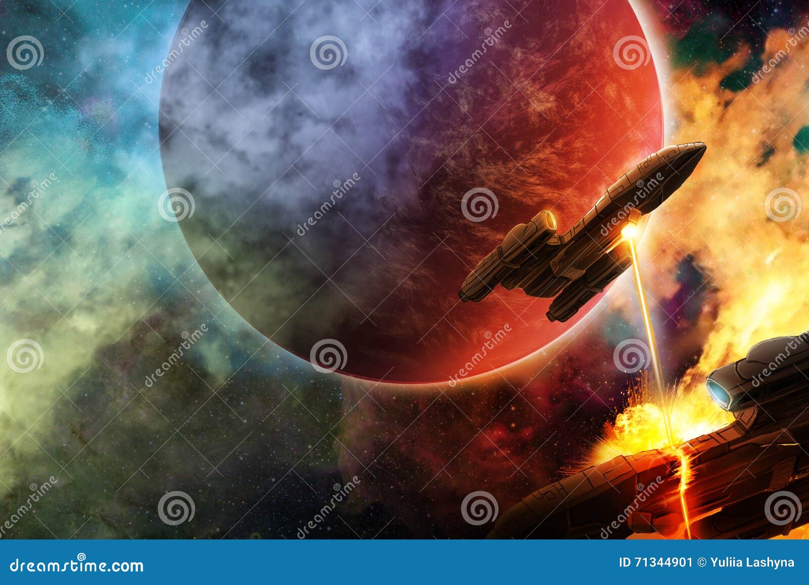 Space Battle Near An Alien Planet With Two Moons, Same Rockets Against ...