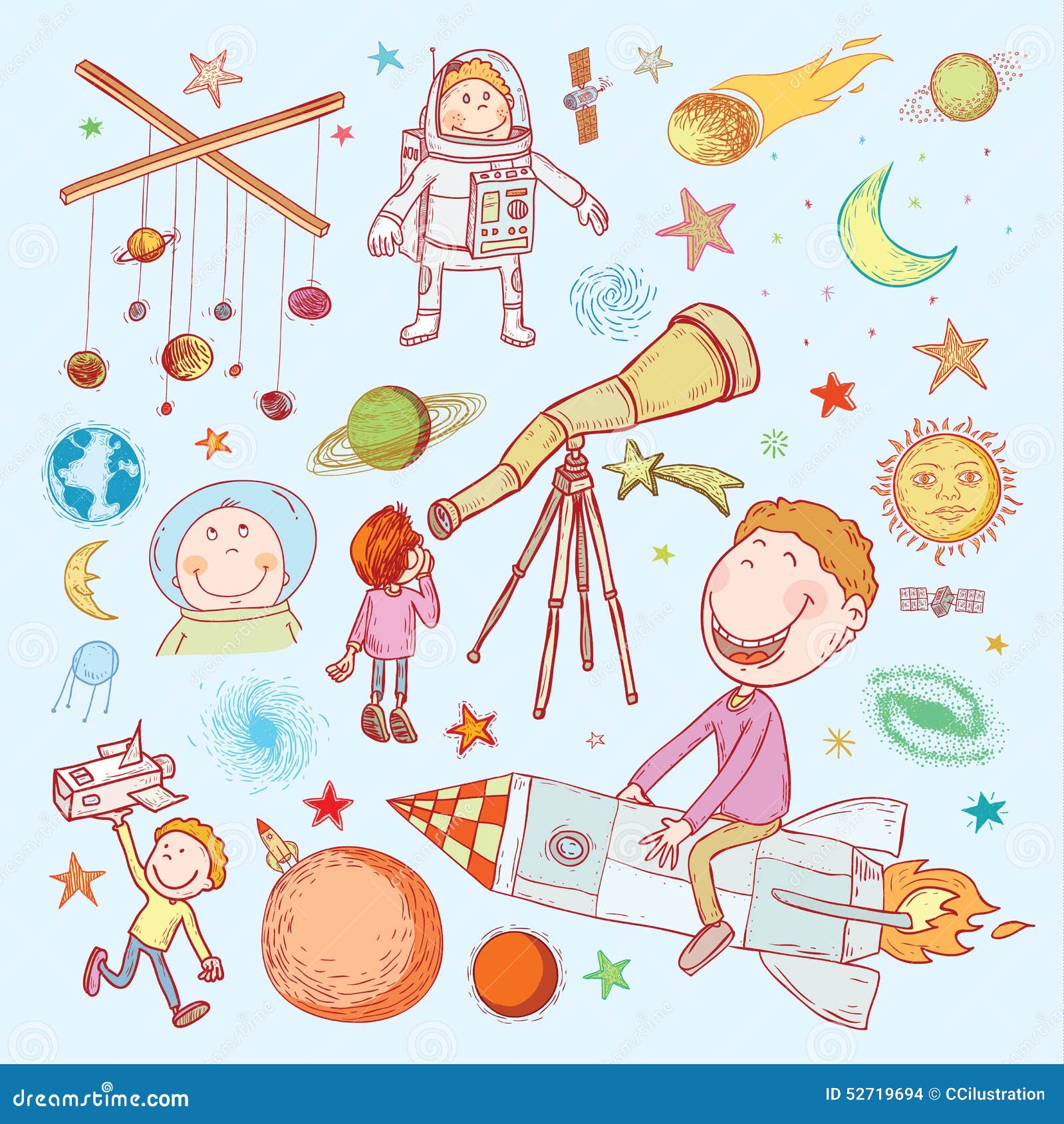 Space Boy Set, Hand Drawn Vector Illustration Stock Vector ...
