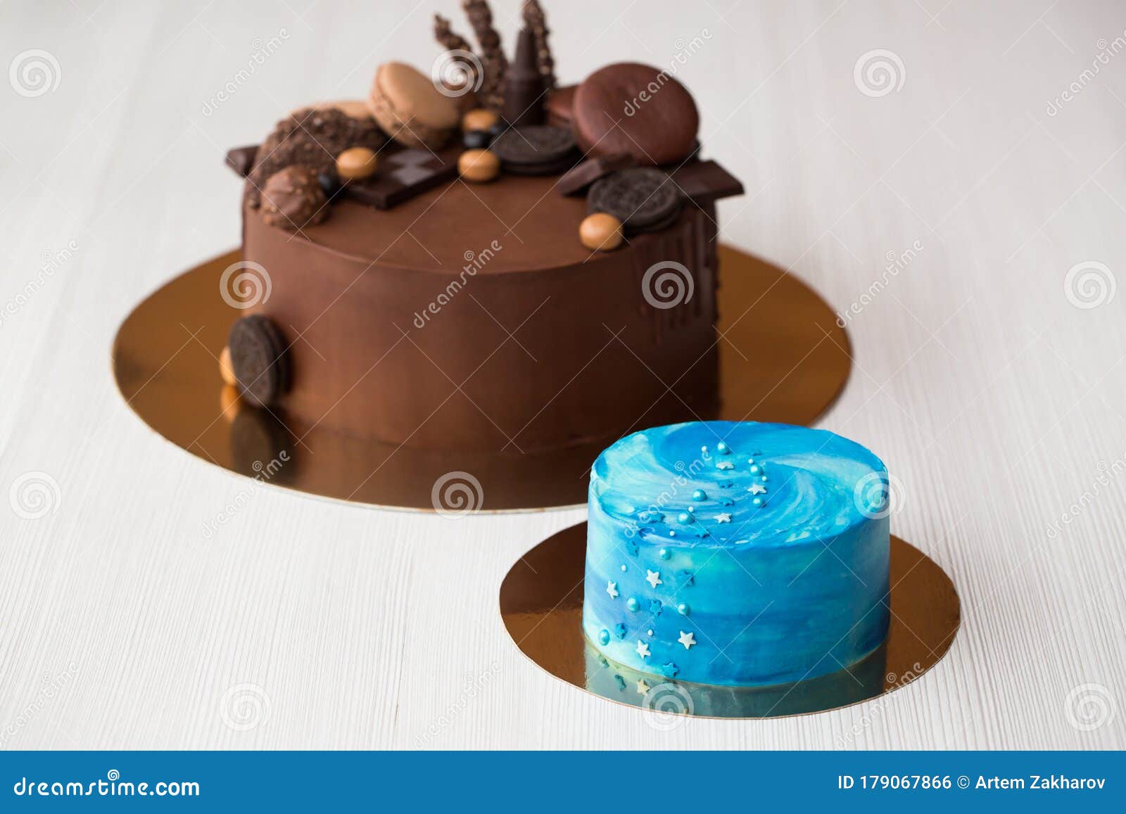 Space Cake Blue on the Background of a Large Chocolate Cake. Stock ...