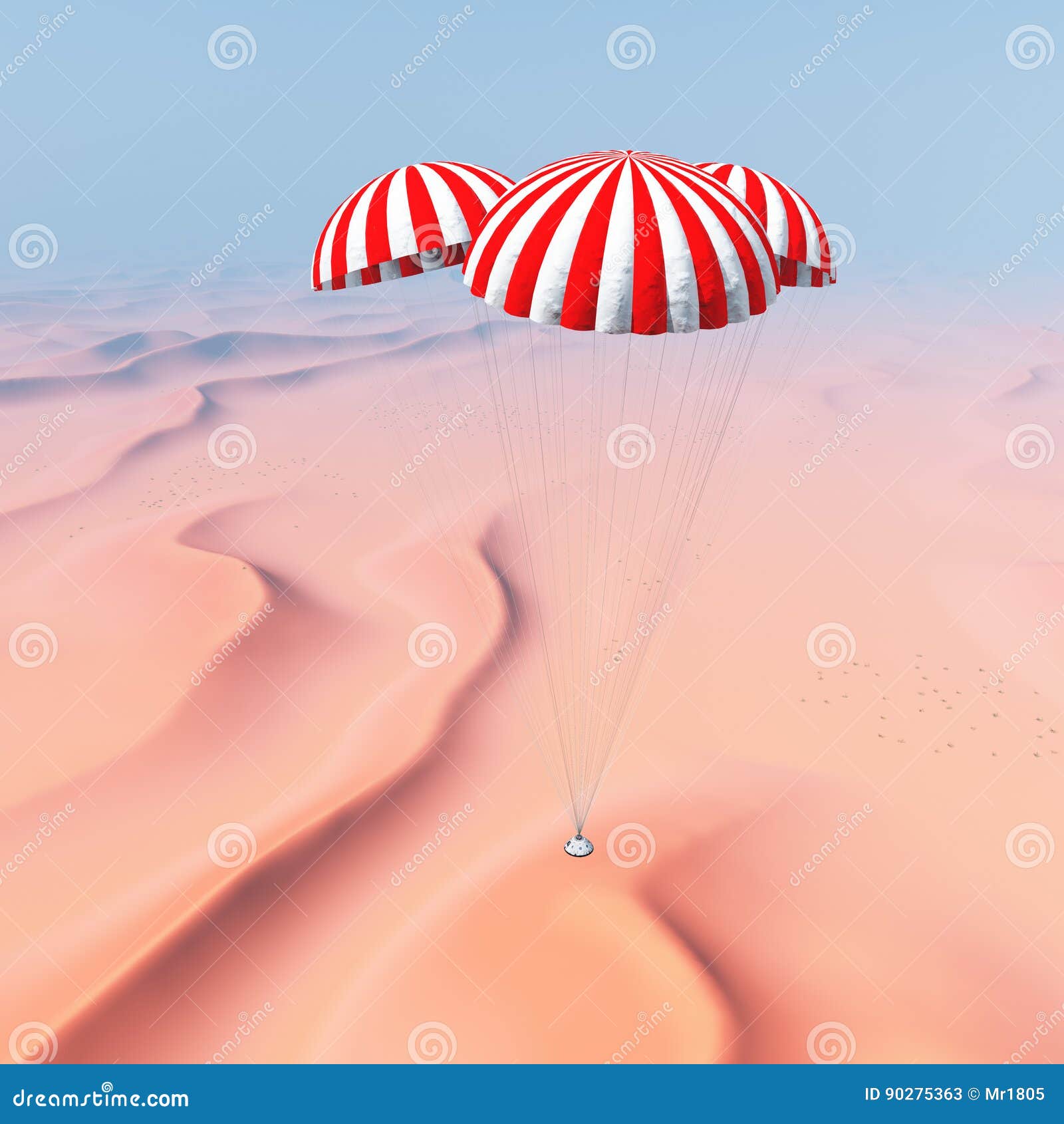 Space Capsule Approaches Touchdown in a Desert Landscape Stock ...