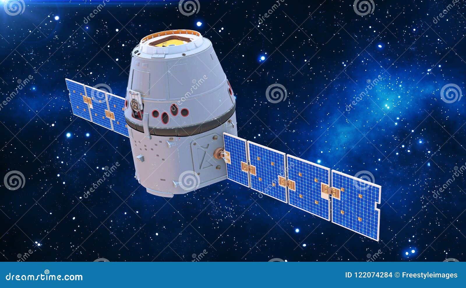 Space Capsule, Communication Satellite with Solar Panels in Cosmos with ...