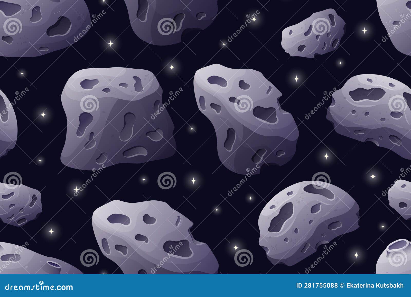 Space Cartoon Flying Stone Asteroid with Craters. Vector Seamless ...