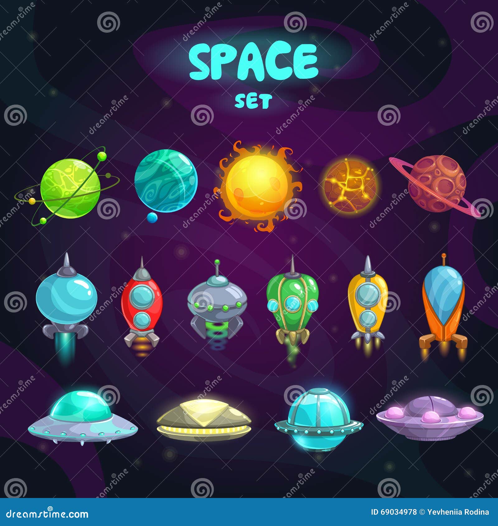 Space cartoon icons set stock vector. Illustration of elements - 69034978