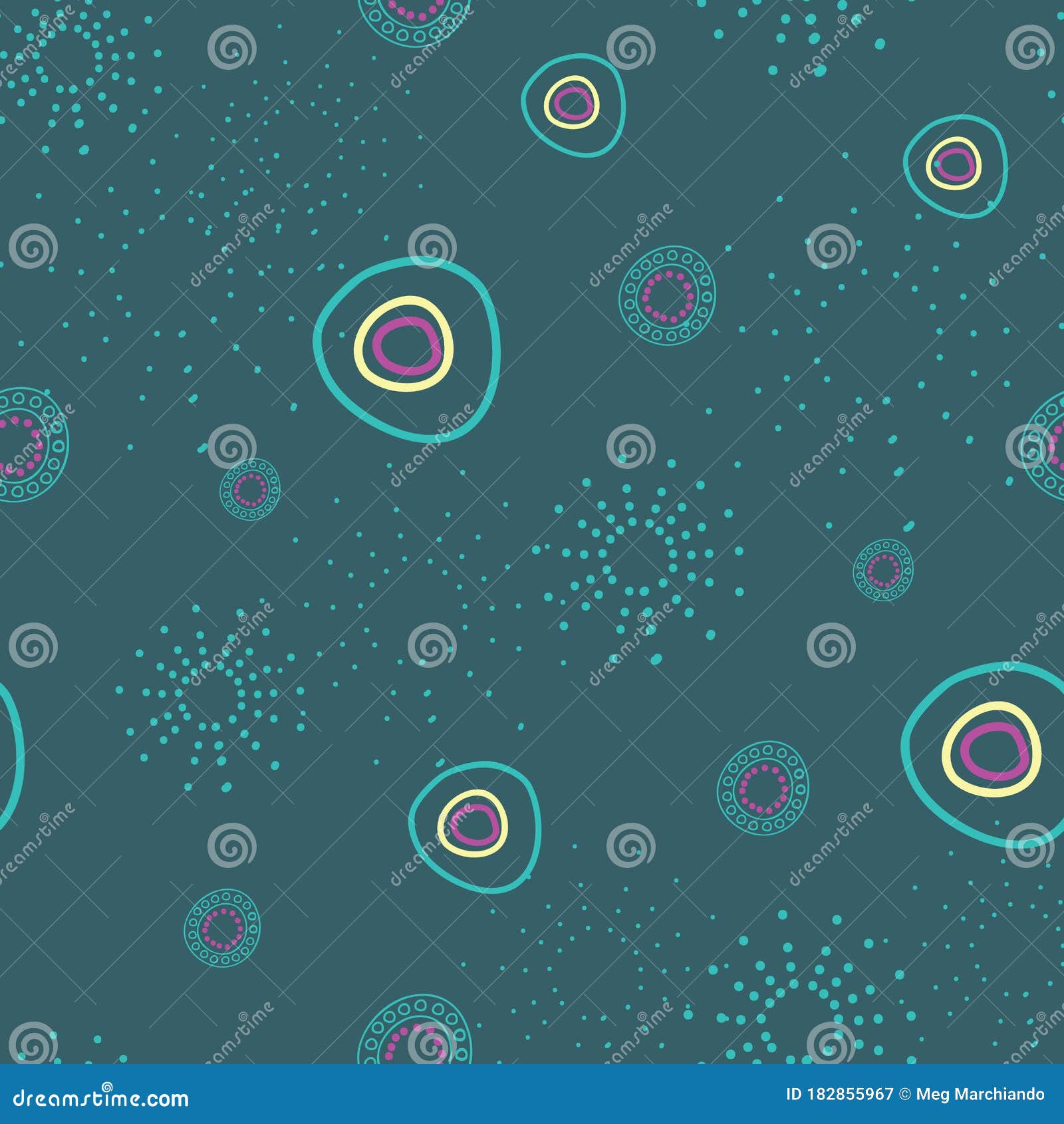 Space, Circles and Bursts of Dots on Teal Background Seamless Vector ...