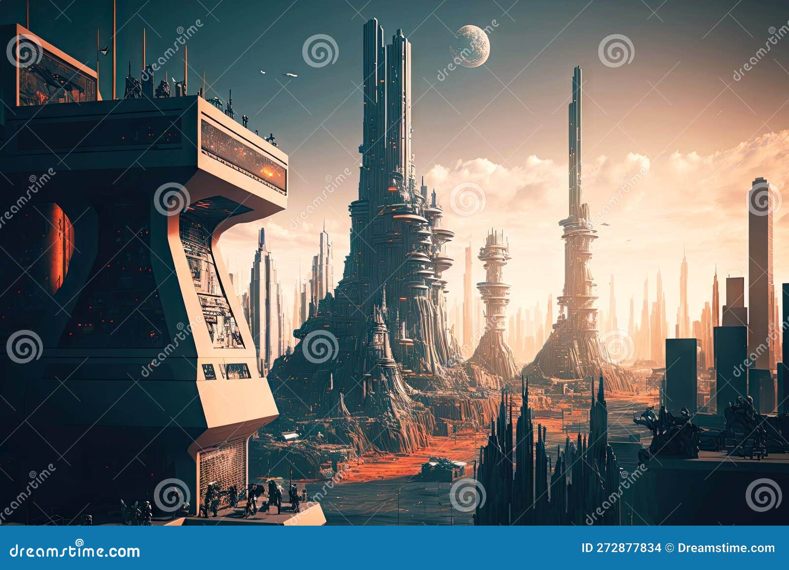 Space Cities with 3d Render Neon Illumination and Flying Objects Stock ...