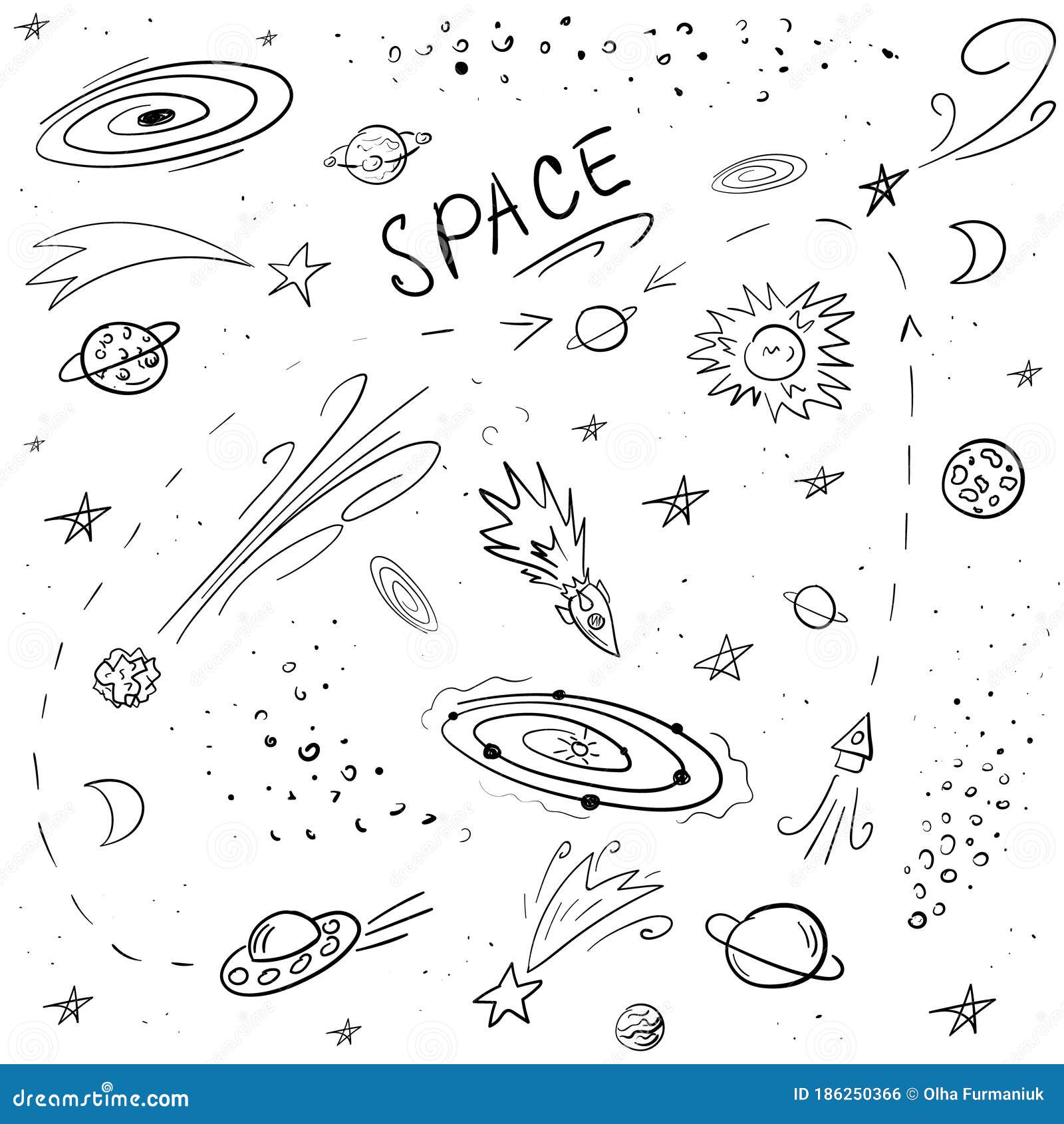 Hand Drawn Cosmic Objects Set. Doodles Elemetns. Black on White Stock ...
