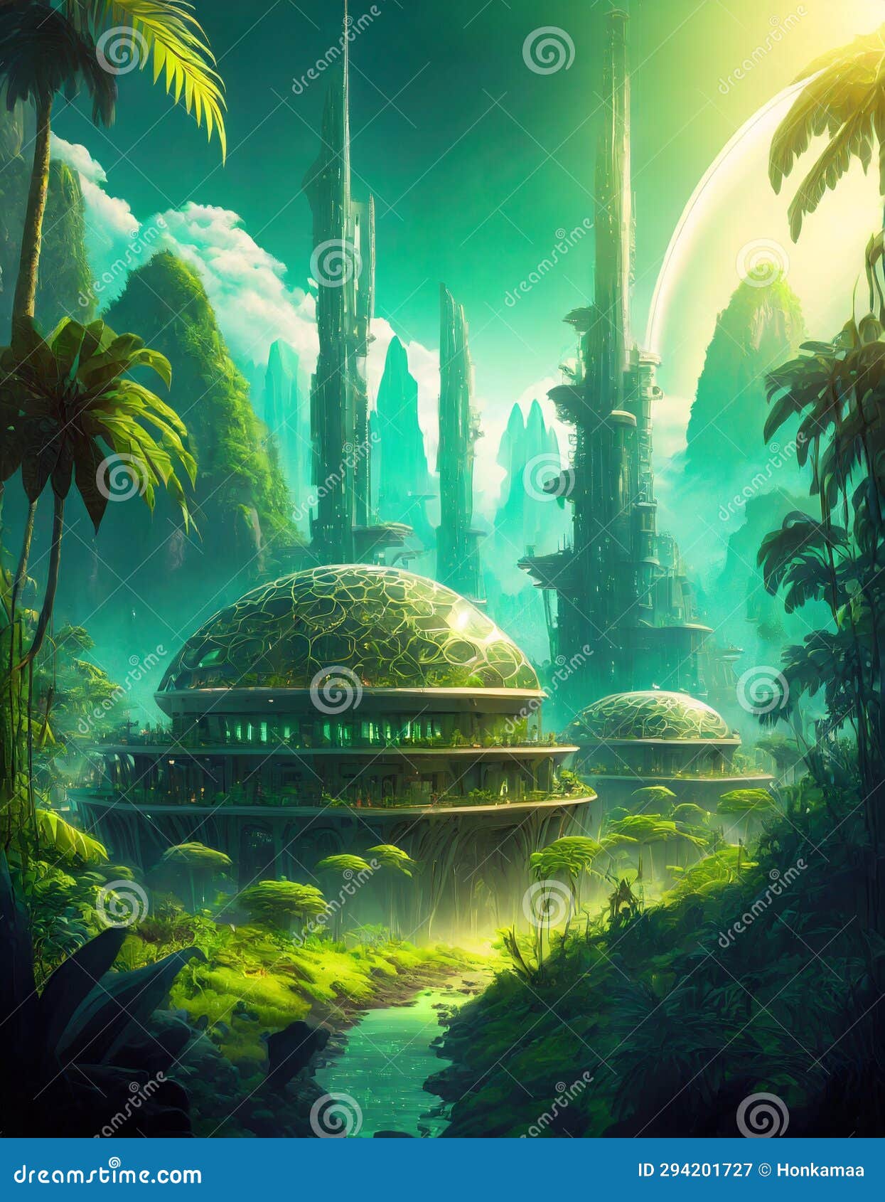 A Space Colony on a Green Planet Stock Illustration - Illustration of ...