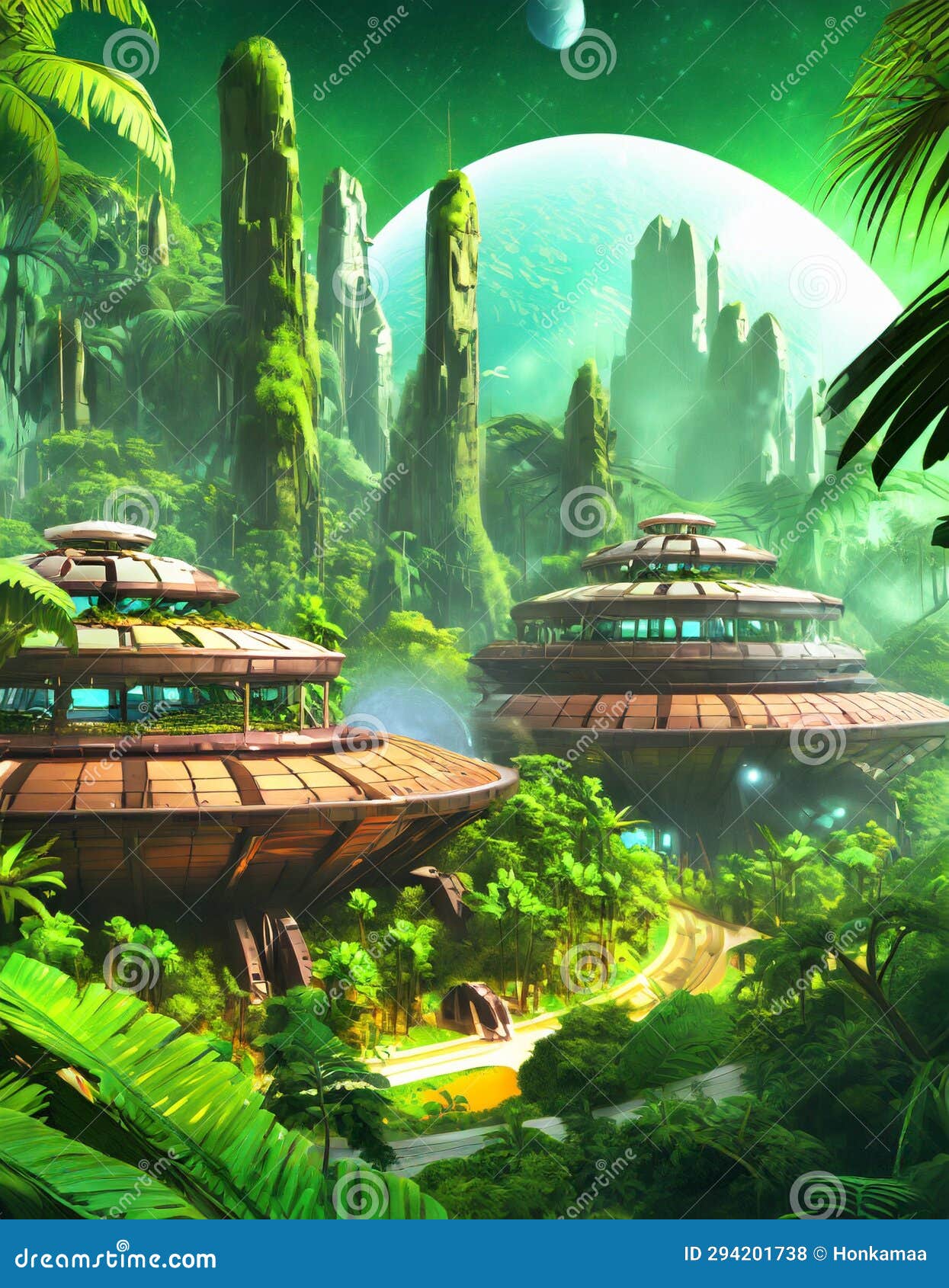 A Space Colony on a Green Planet Stock Illustration - Illustration of ...