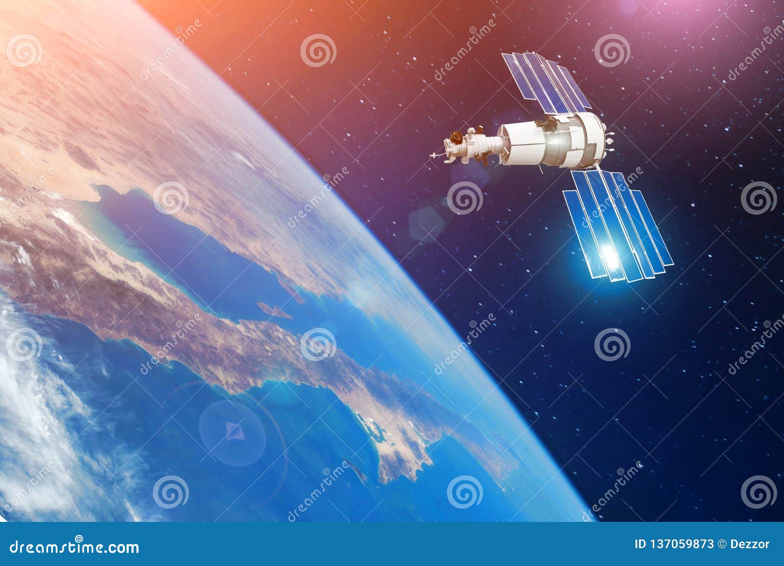 Space Communications Satellite in Orbit Around the Earth. Elements of ...