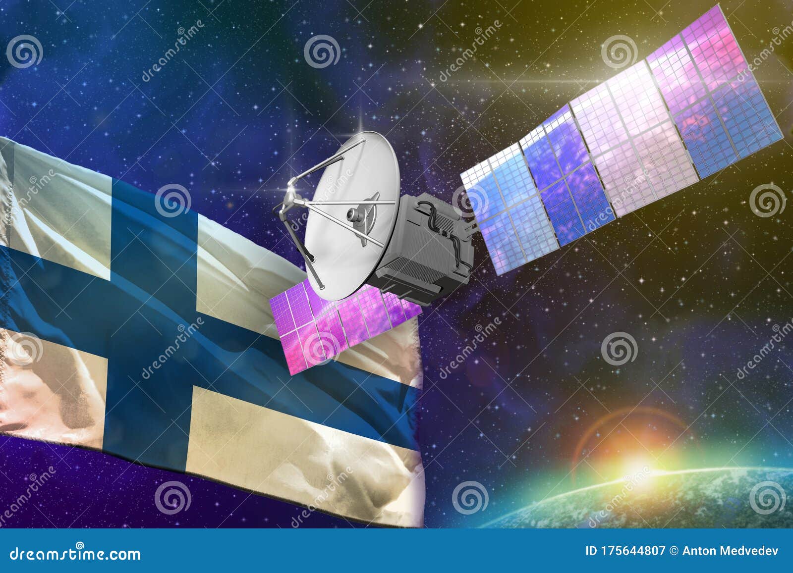 Space Communications Technology Concept - Satellite with Finland Flag ...