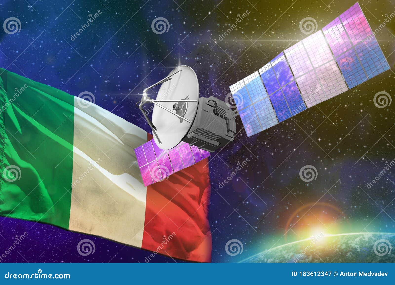 Space Communications Technology Concept - Satellite with Italy Flag, 3D ...
