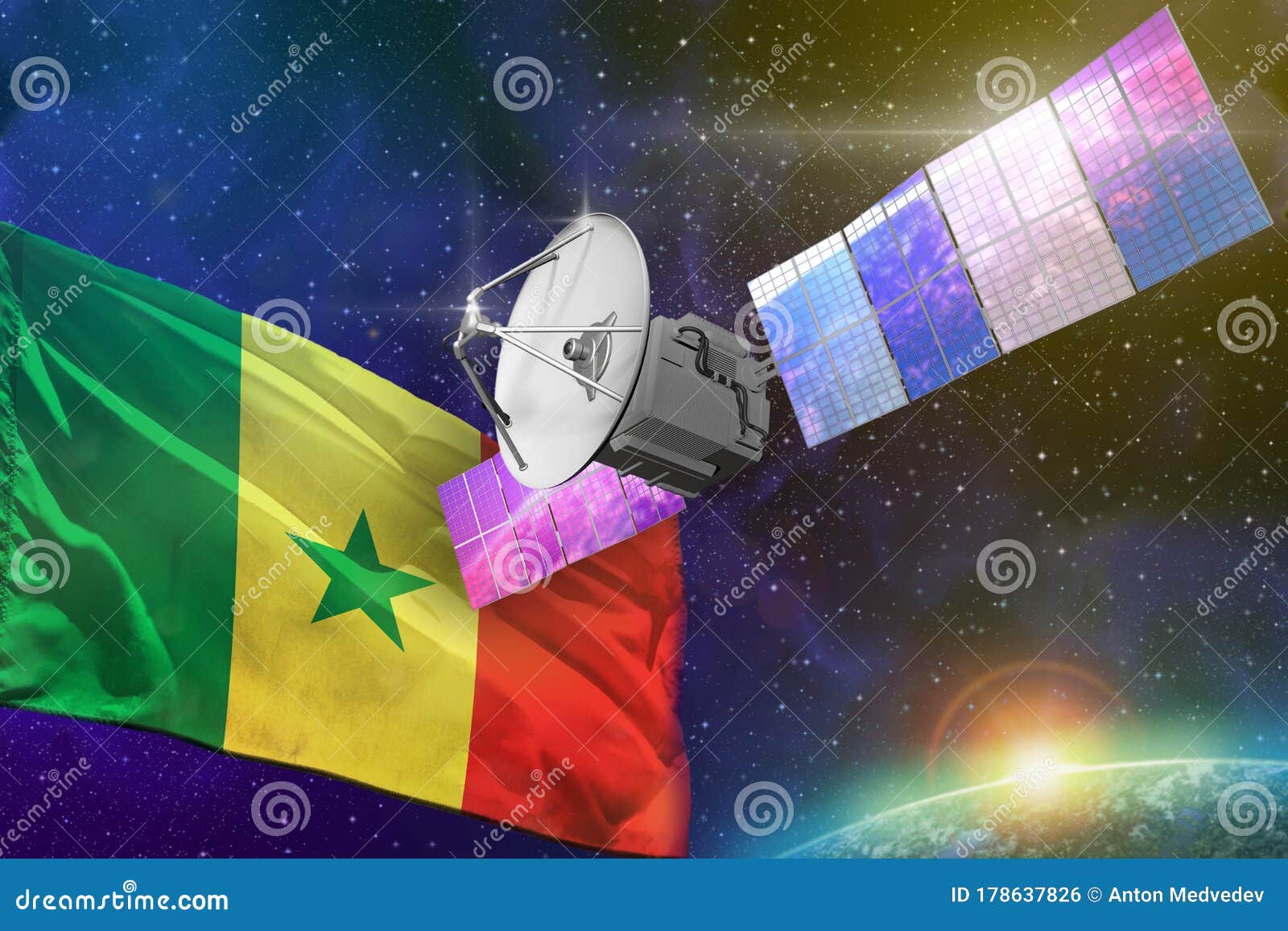 Space Communications Technology Concept - Satellite with Senegal Flag ...