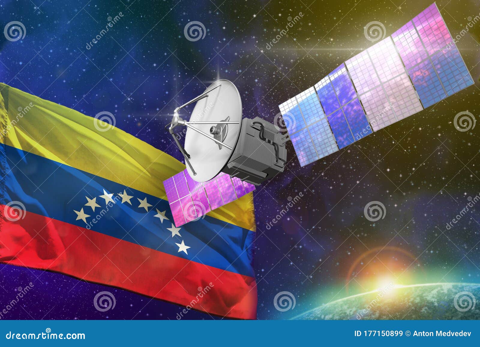 Space Communications Technology Concept - Satellite with Venezuela Flag ...