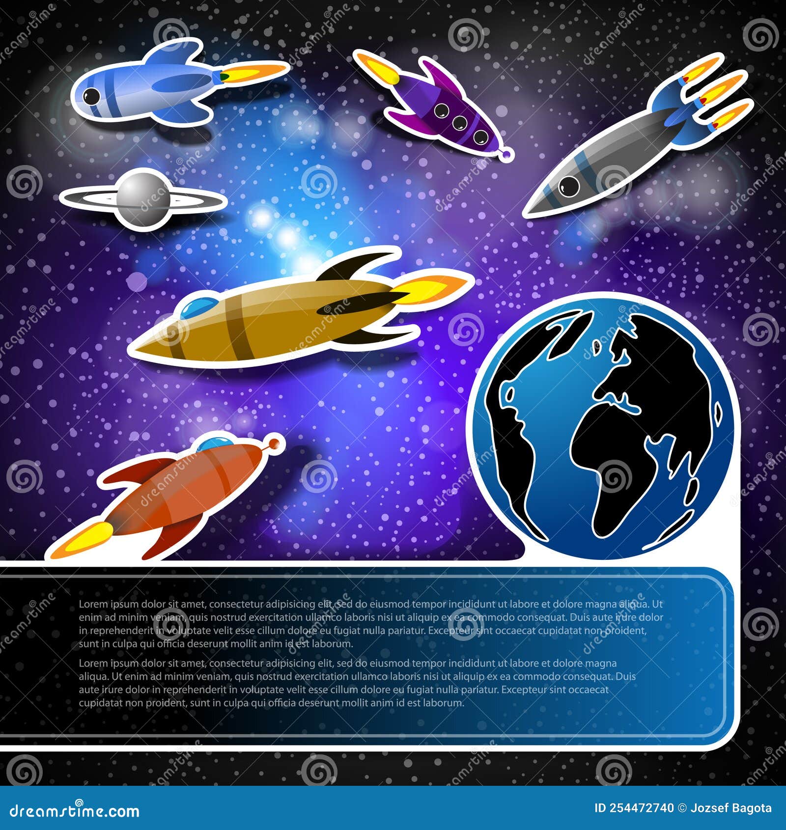 Space Concept with Starry Sky, Rockets, Earth Globe with Label, Place ...