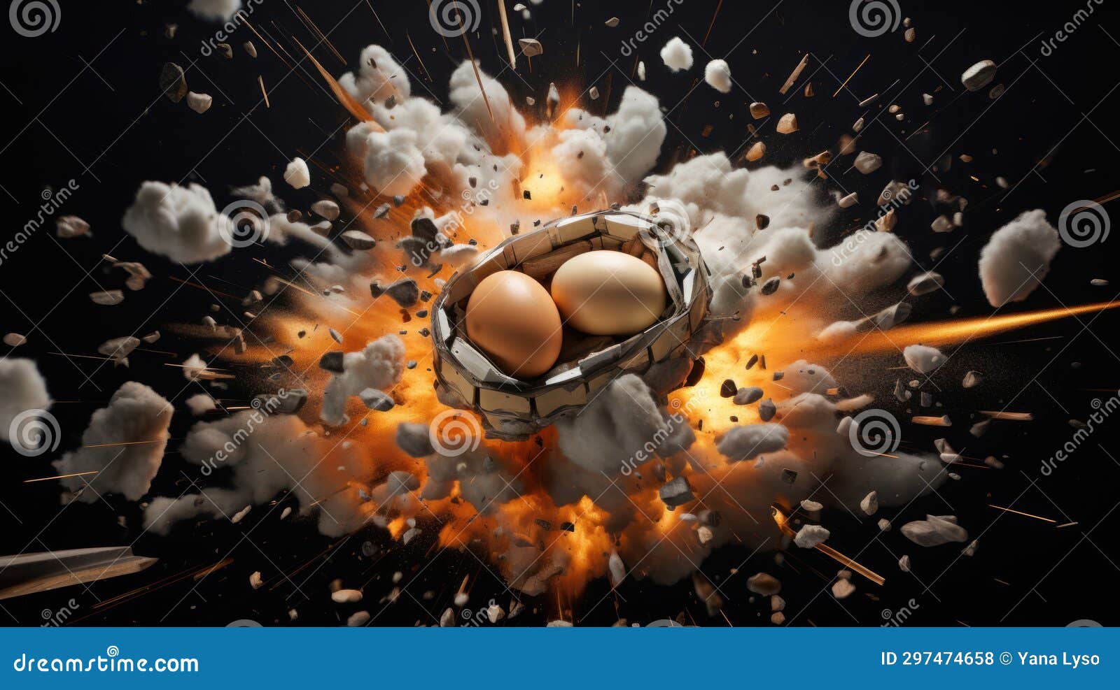 Space Cosmic Eggs Explode. Chicken Eggs in Silver Container Against ...