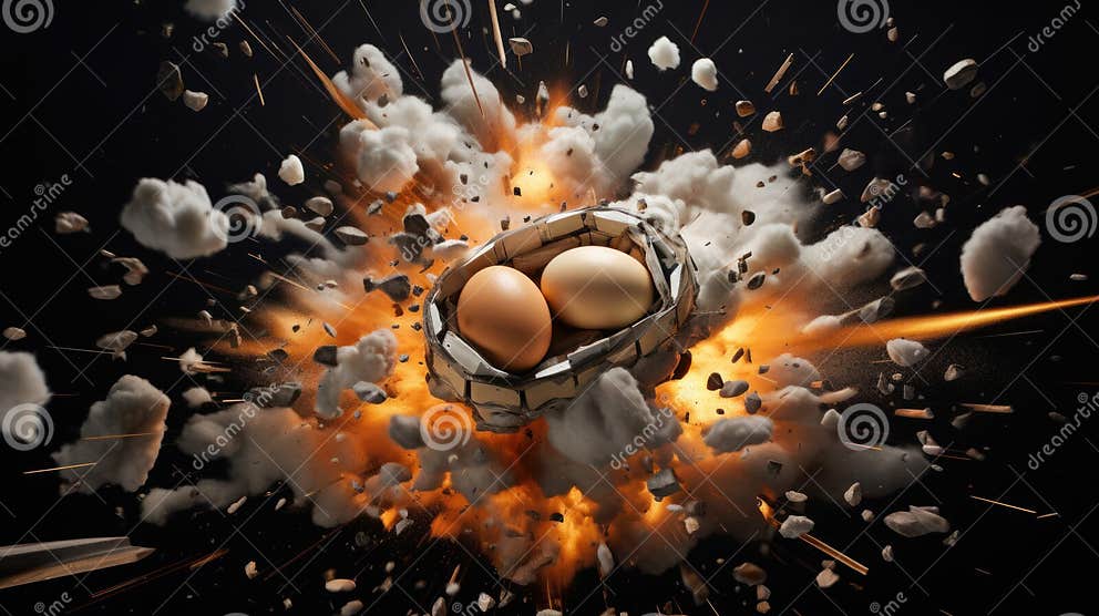 Space Cosmic Eggs Explode. Chicken Eggs in Silver Container Against ...