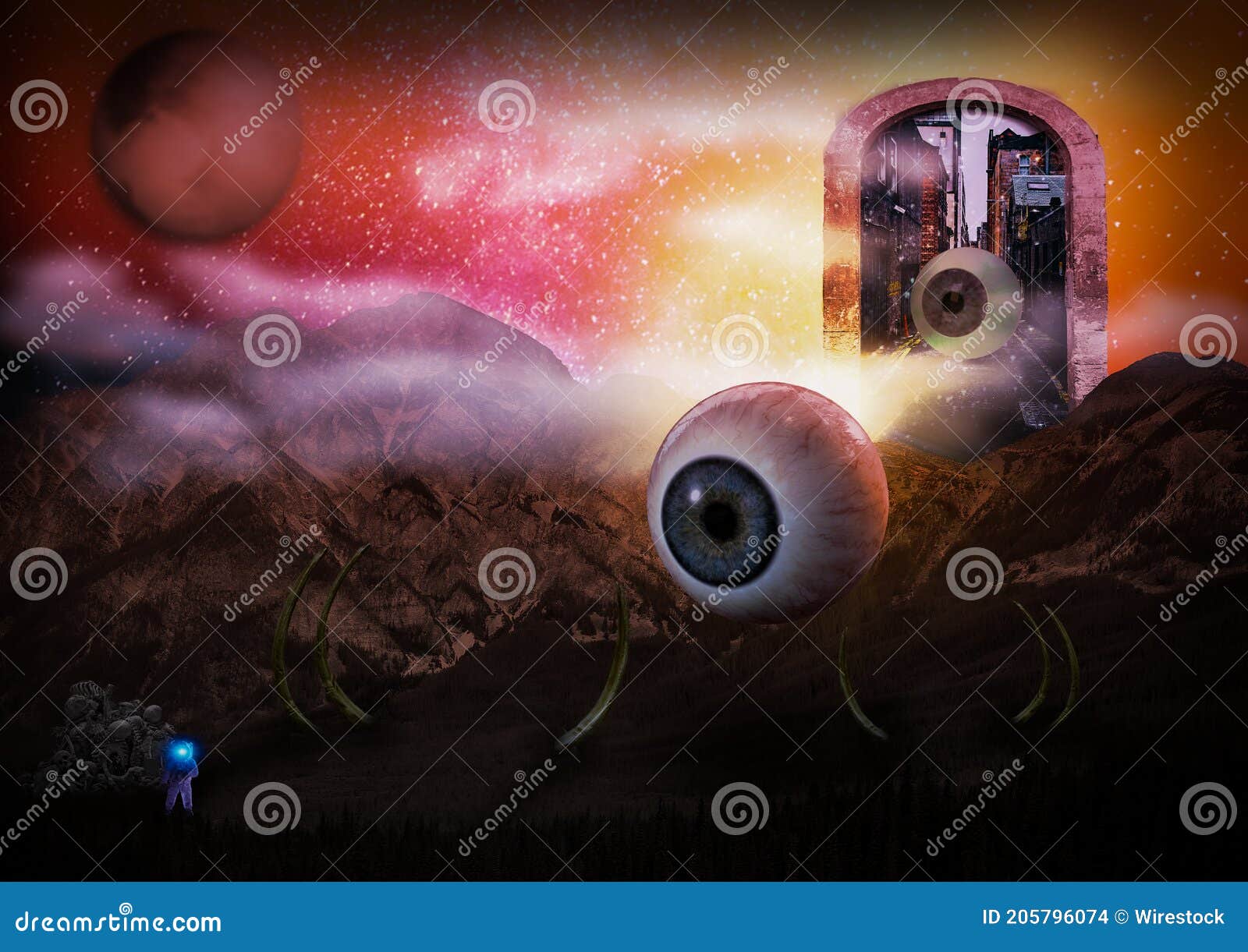 Space with 3D Rendering of Human Eyes Looking an Astronaut in the ...