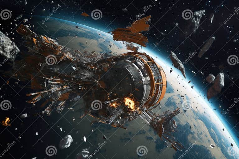 Space Debris Colliding with Decaying Spaceship Stock Illustration ...