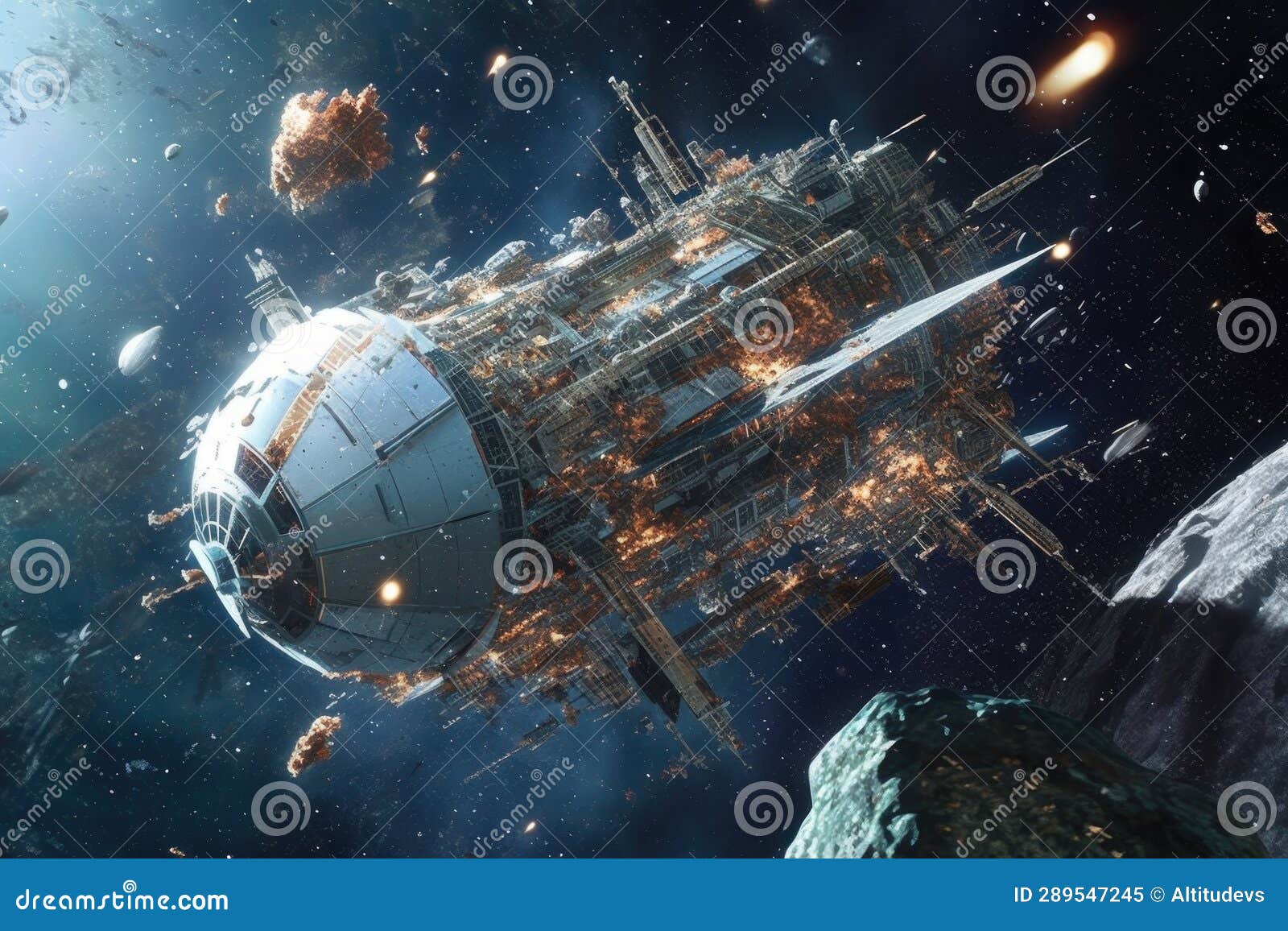 Space Debris Colliding with Decaying Spaceship Stock Image - Image of ...