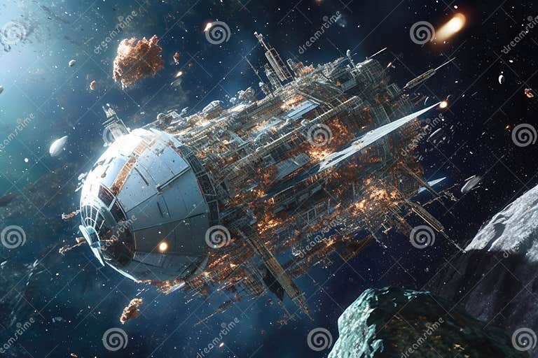 Space Debris Colliding with Decaying Spaceship Stock Image - Image of ...