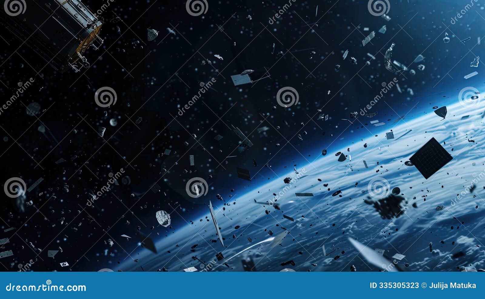 A Space With Debris Floating Around And A Satellite In The Background ...