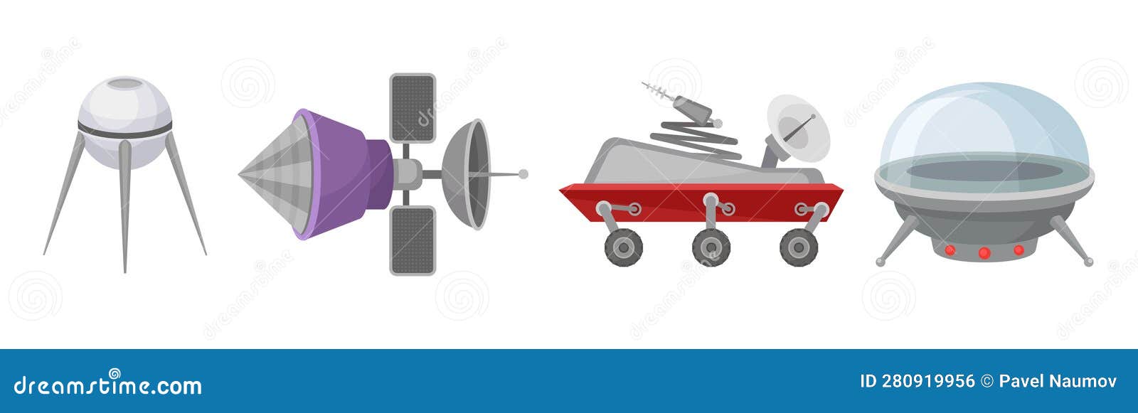 Space Discovery Object with Satellite and Lunar Rover for Universe Exploration Vector Set Stock ...
