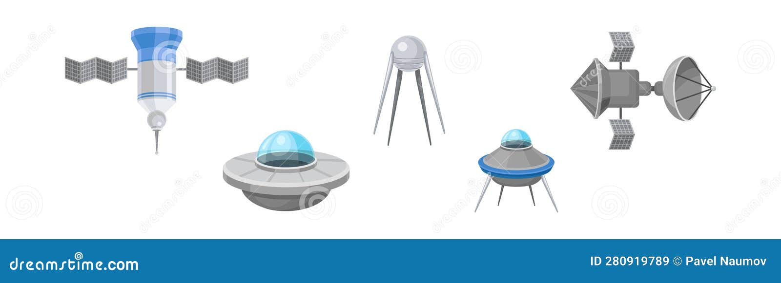 Space Discovery Object with Shuttle and Satellite for Universe Exploration Vector Set Stock ...