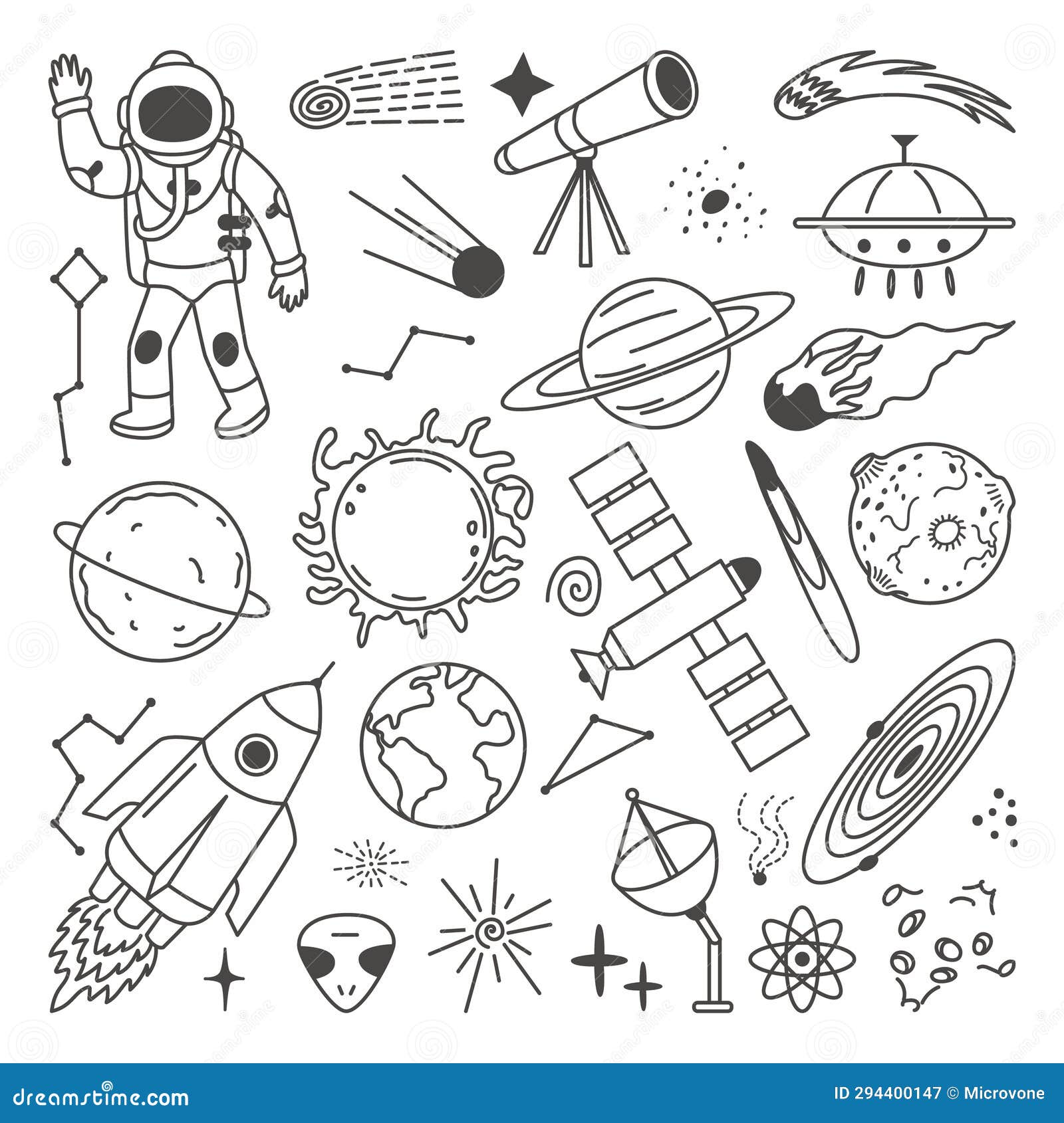 Space Doodle Elements. Solar System Planets, Astronaut and Rockets ...