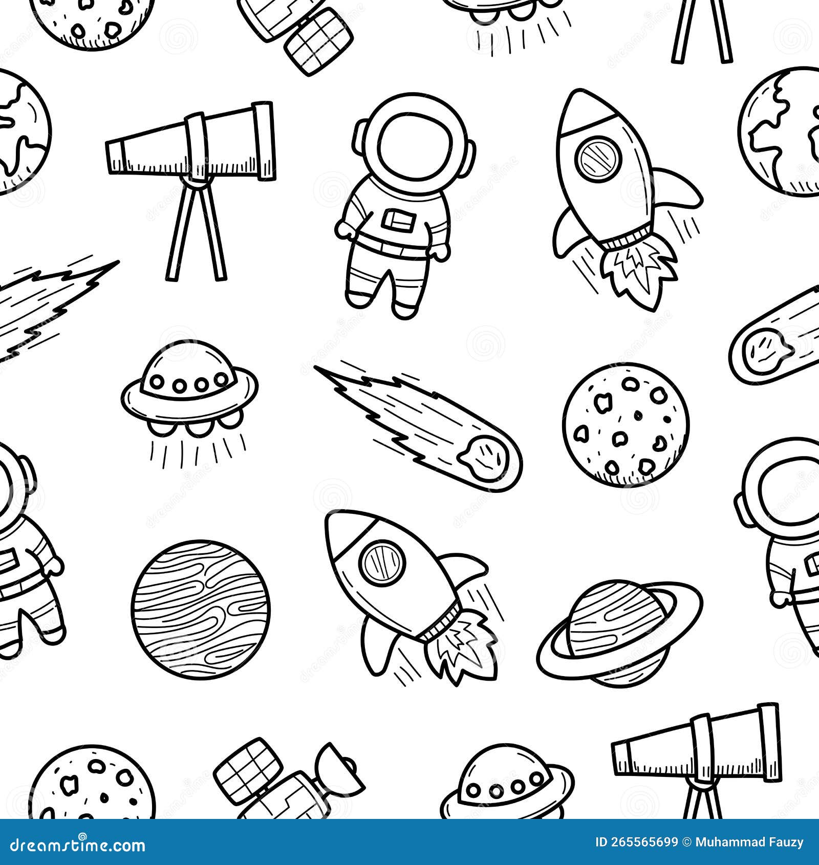 Space Doodle Seamless Pattern with Black and White Color Stock Vector ...