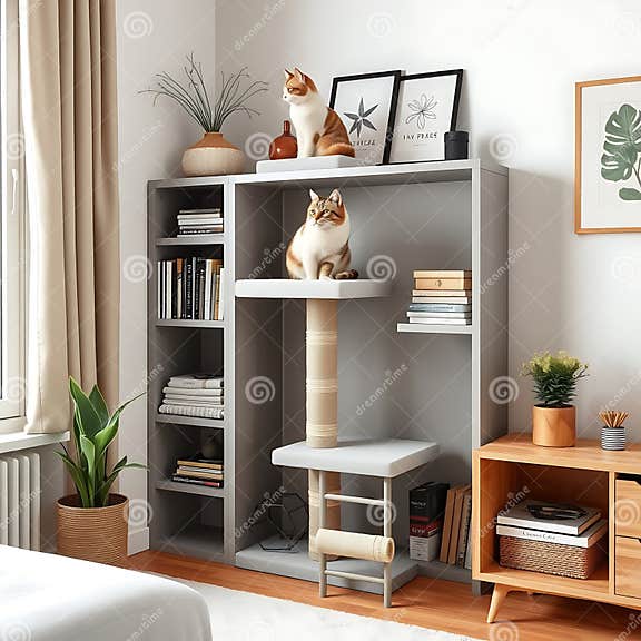 A Space Efficient Cat Tower with Built in Shelves Placed in a Cozy ...