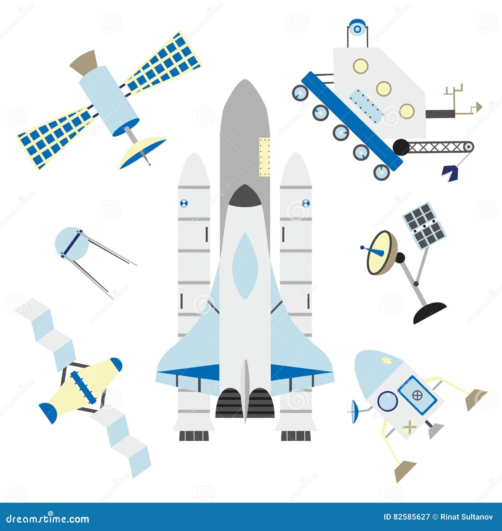 Space Elements in Flat Style - Shuttle, Satellites in Flat Style. Stock ...