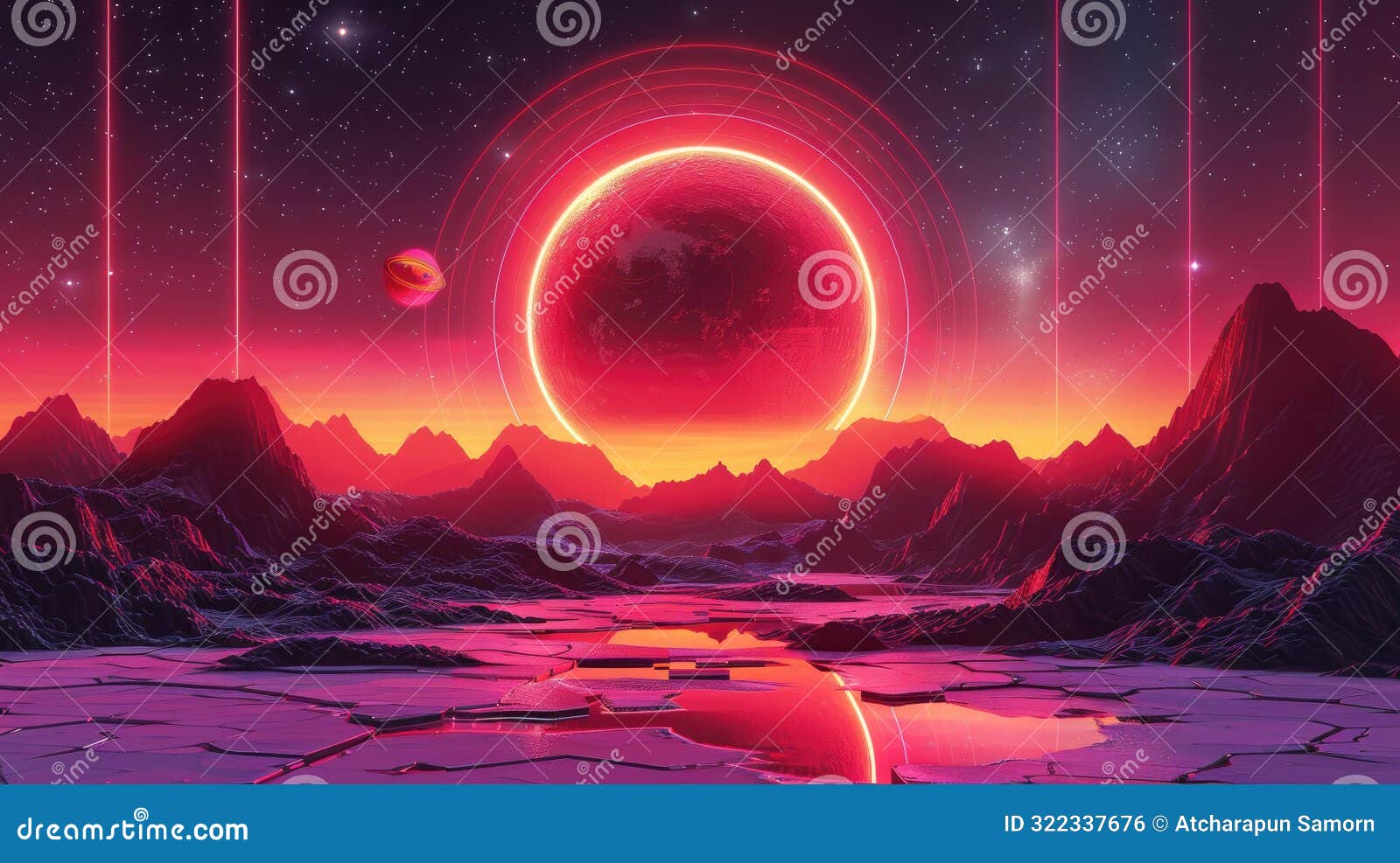 Space Elements in Modern Art, Futuristic Neon Sign with UFO, Geometric ...