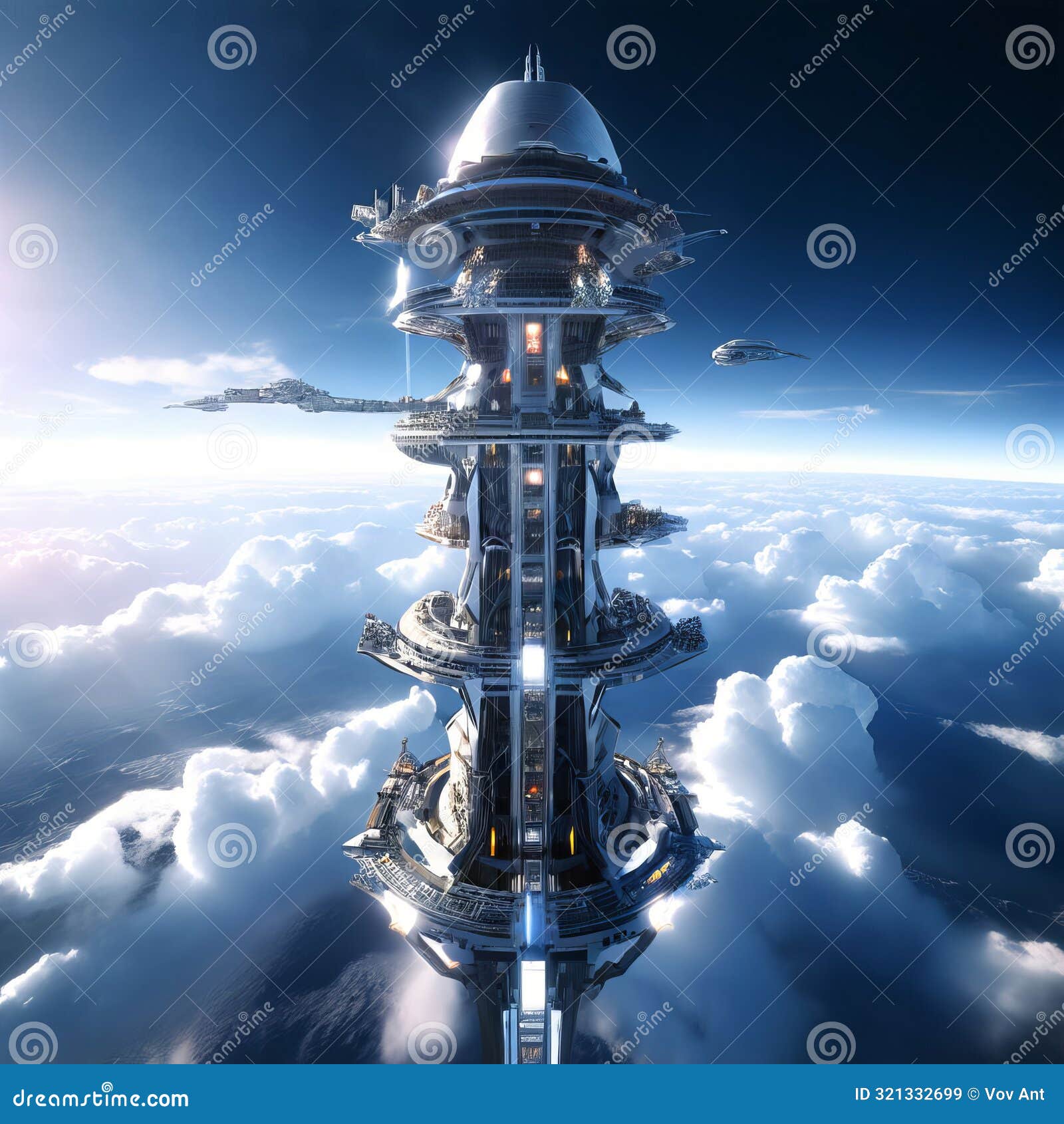 A Space Elevator Reaching Up To a Massive Space Platform Tranpo Stock ...