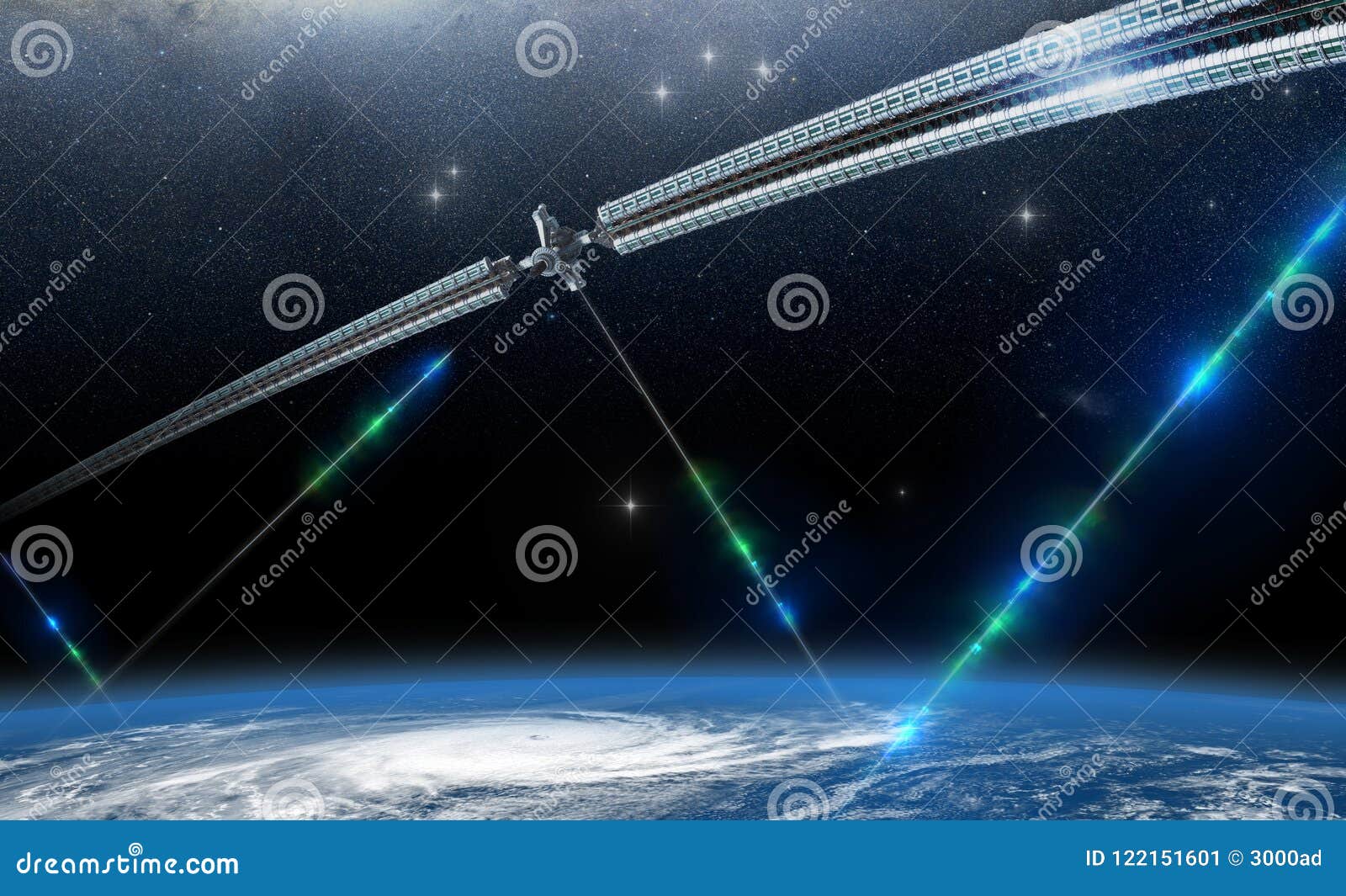 Space Elevators and Wheel Mega Structure Above Earth Stock Illustration ...