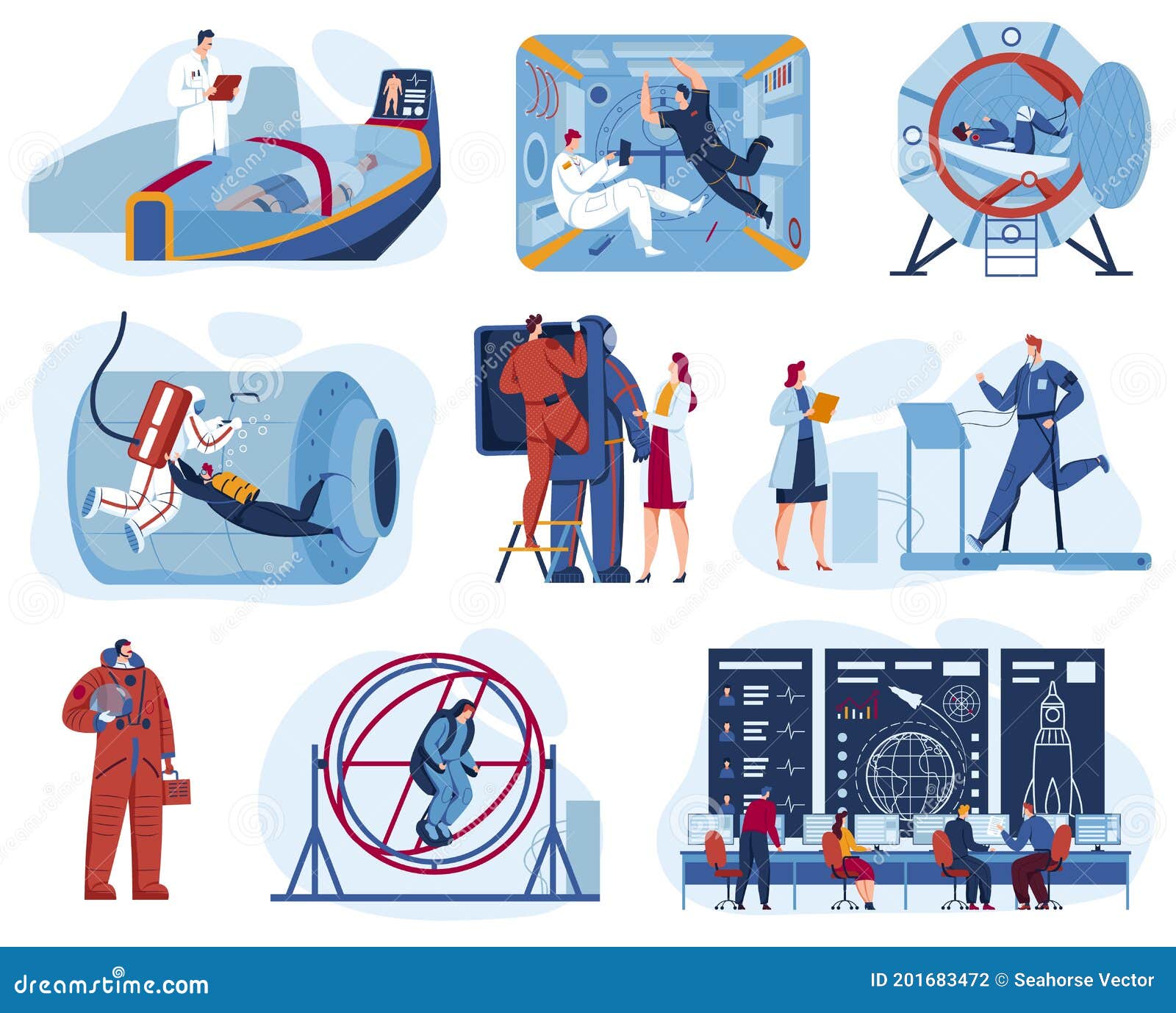 Astronaut Training Cartoon Characters Set Vector Illustration ...
