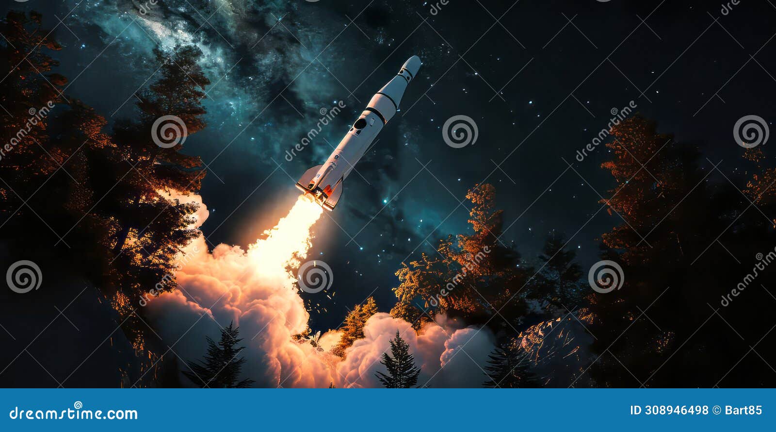 Space Exploration Concept with Rocket Launch into Starry Sky ...