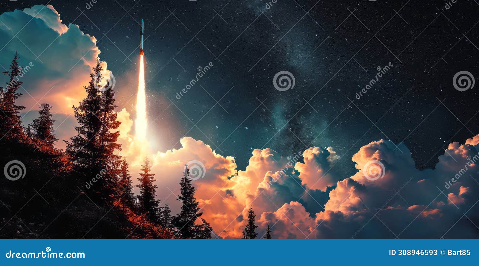 Space Exploration Concept with Rocket Launch into Starry Sky ...