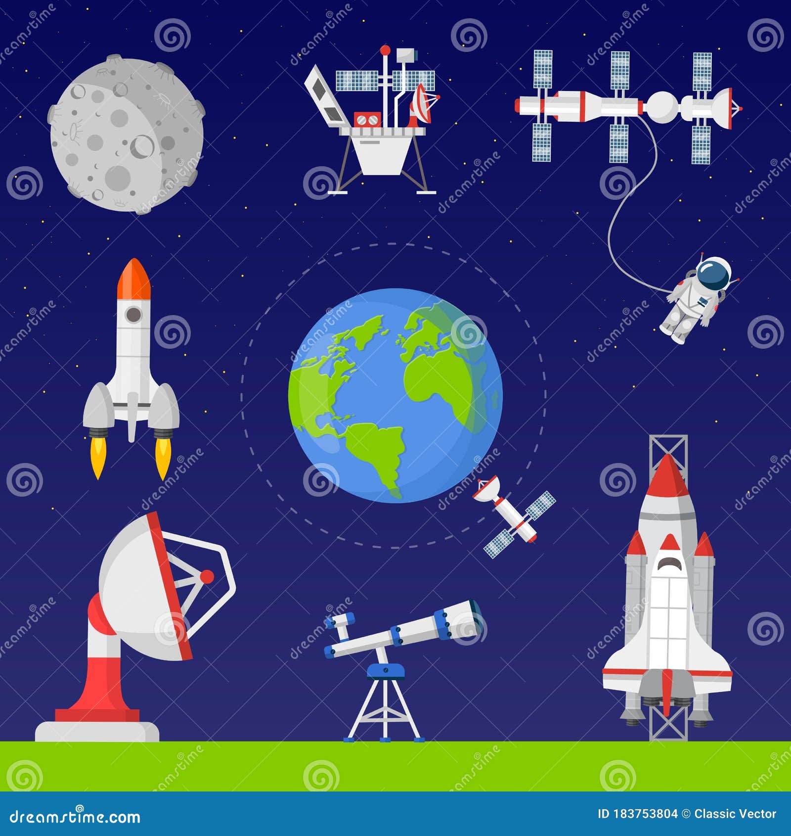 Space Exploration Flat Vector Illustrations Set Stock Vector ...