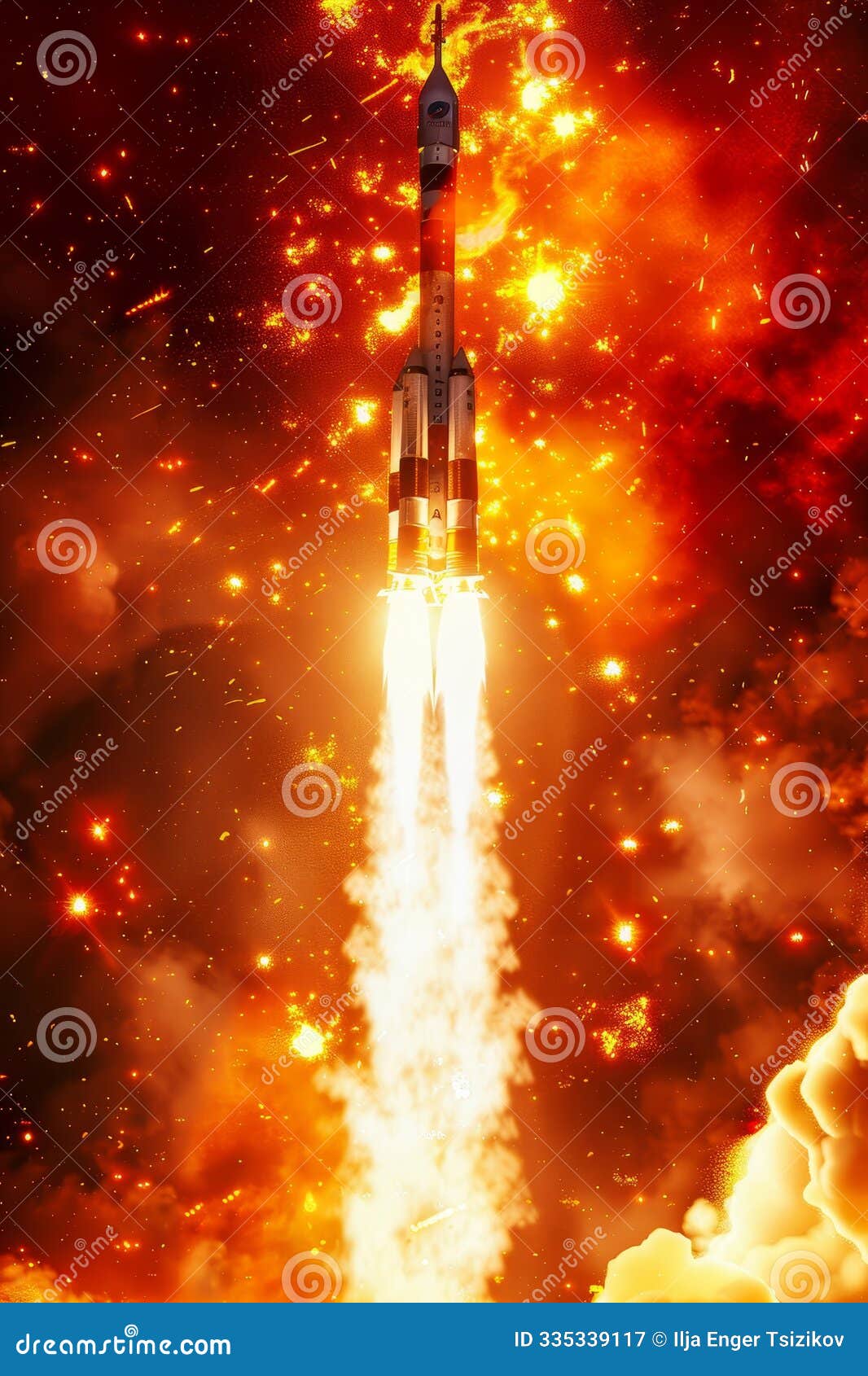 Space Exploration Rocket Launch, Trailing Smoke, and Fire Against a ...