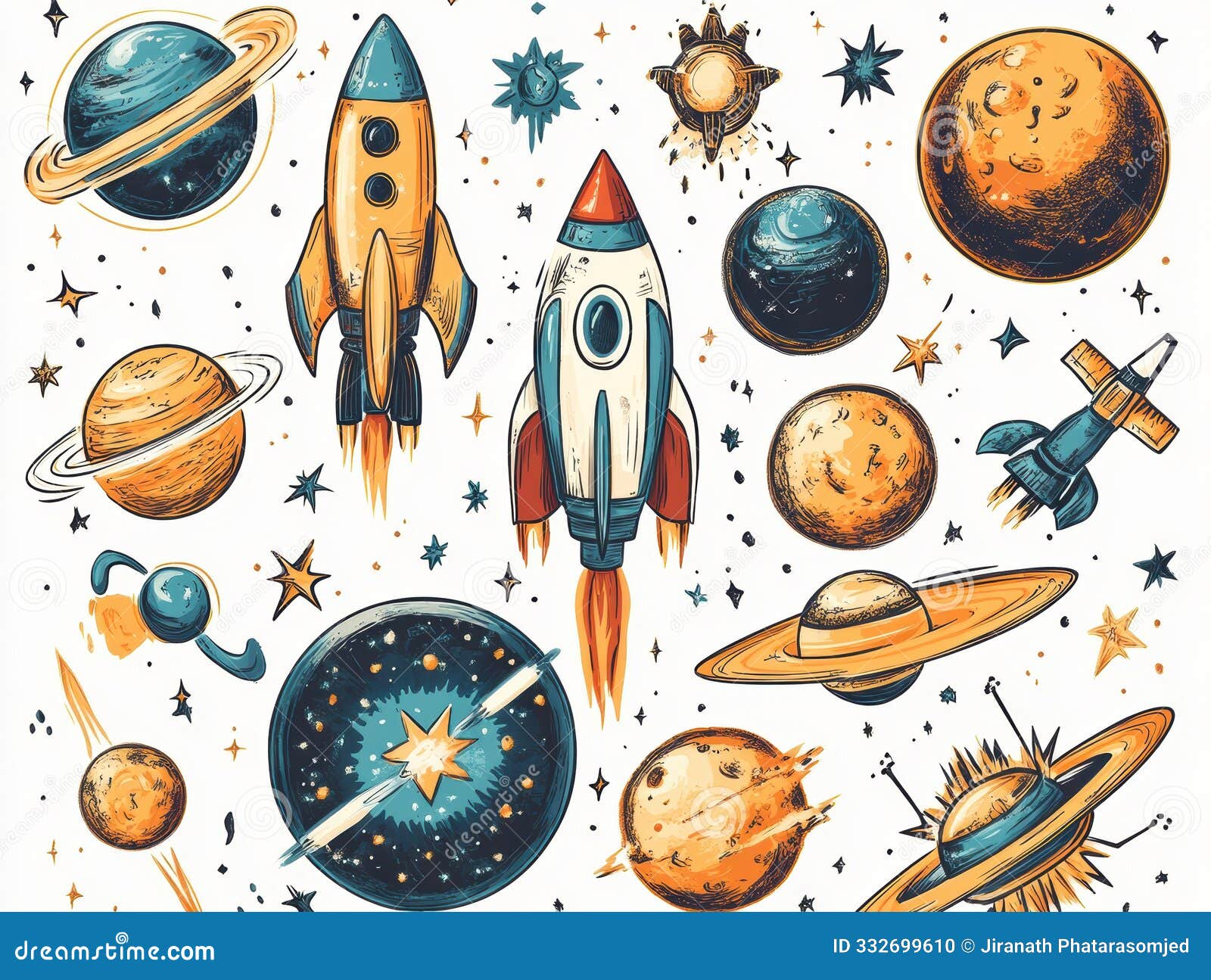 Space Exploration: Rocket Ships, Planets, and Stars Stock Illustration ...