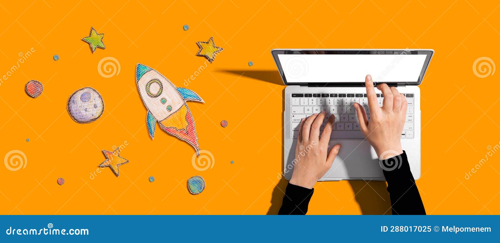 Space Exploration Theme with Rocket and Laptop Stock Illustration ...