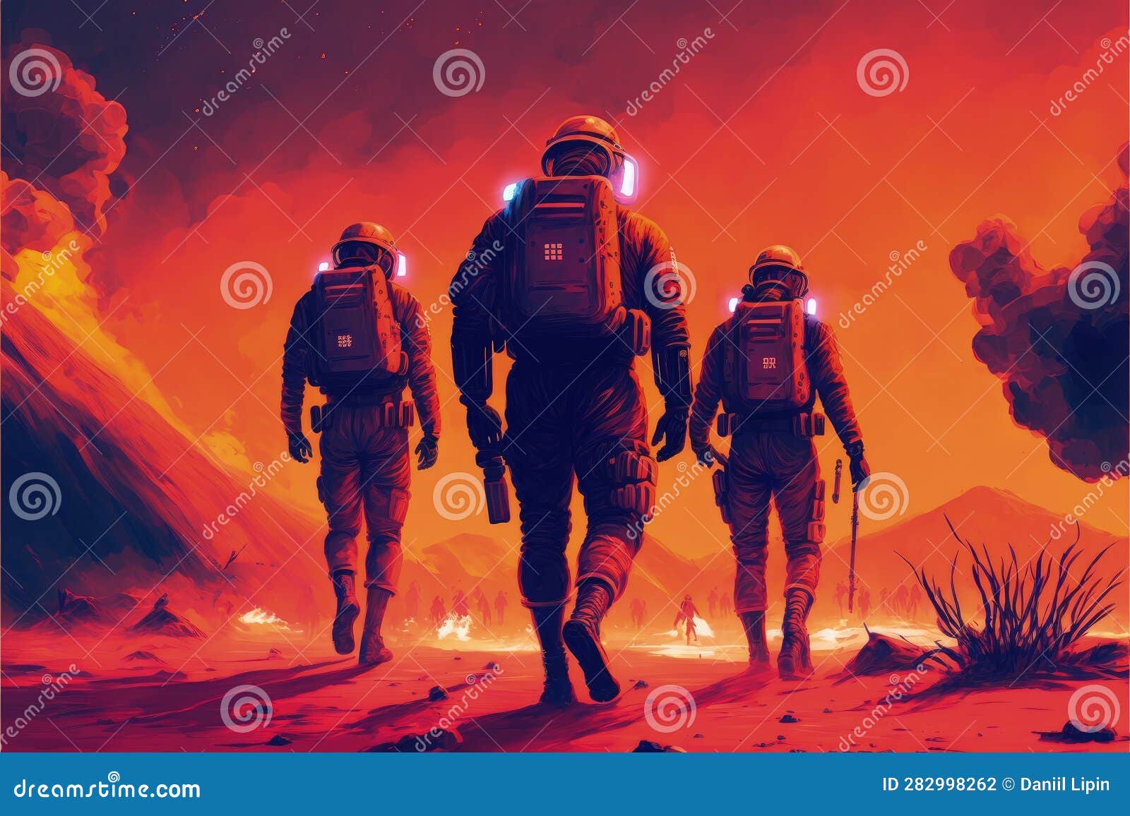 Space Explorers Walking Towards Unknown Beam of Light in Sci-fi Setting ...