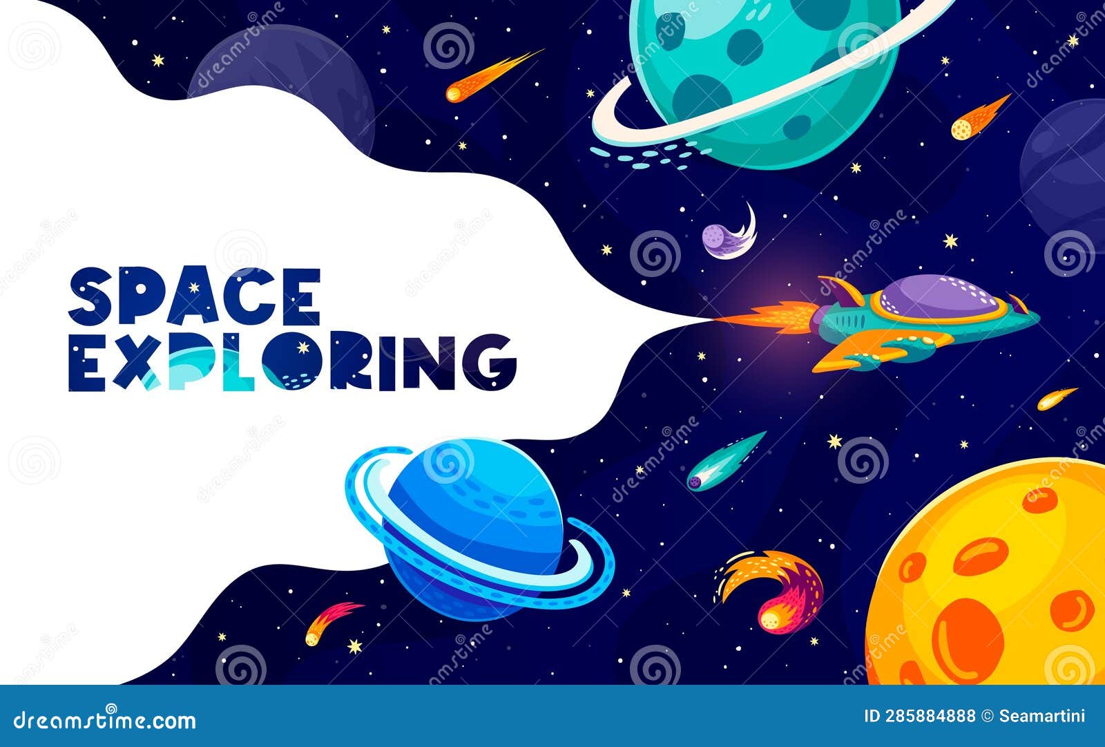 Space Exploring, Cartoon Asteroids and Spaceship Stock Vector ...