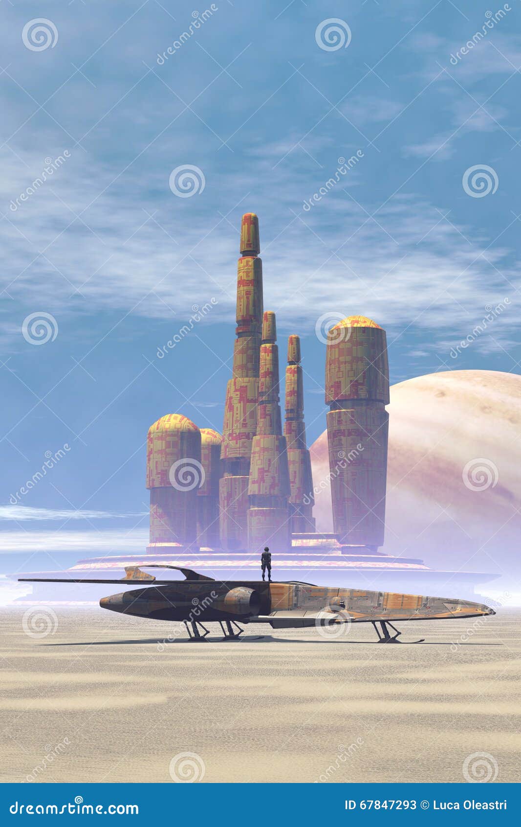 Space Fighter and City in a Desert Planet Stock Illustration ...