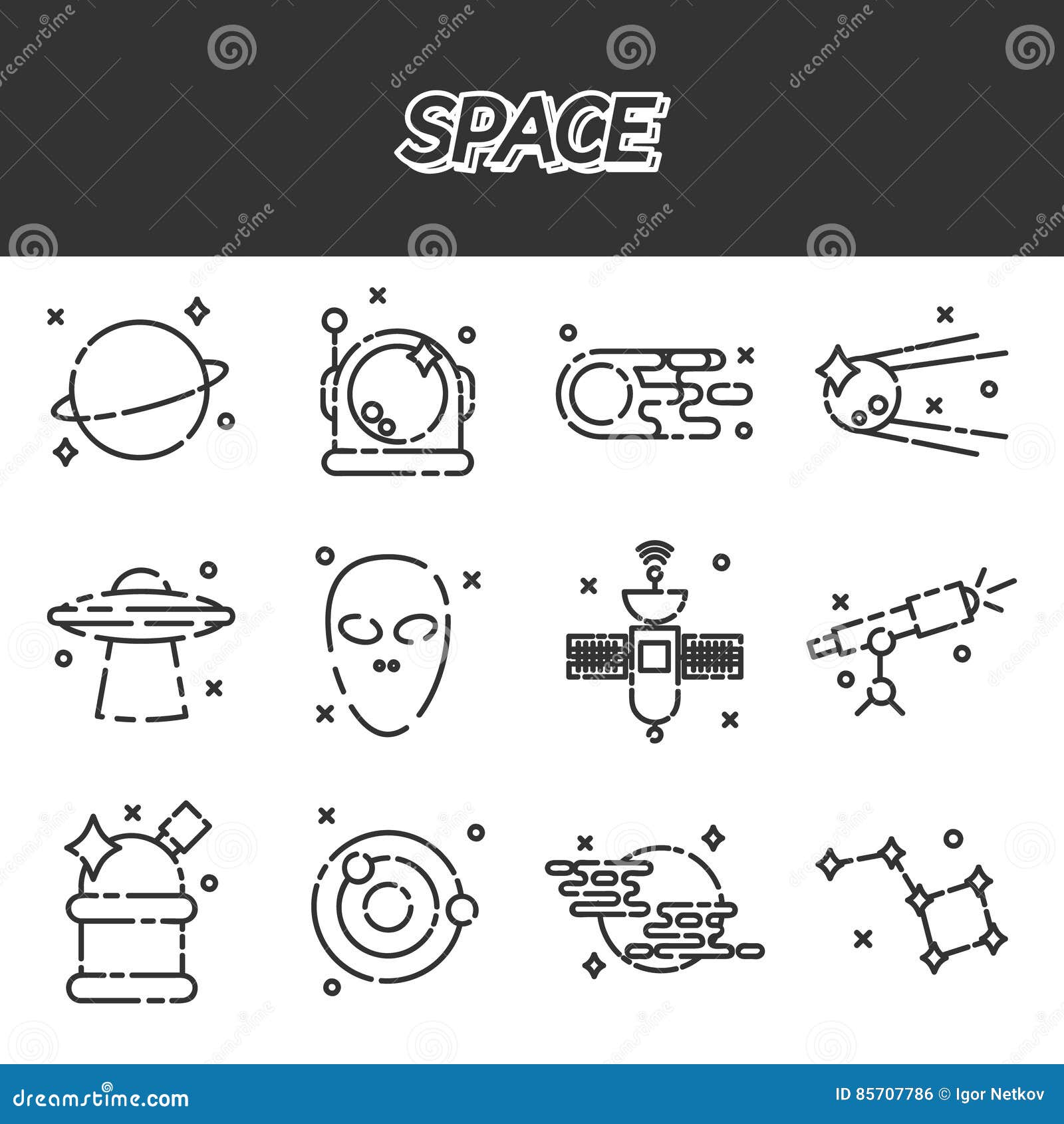 Space flat icons set stock vector. Illustration of icons - 85707786