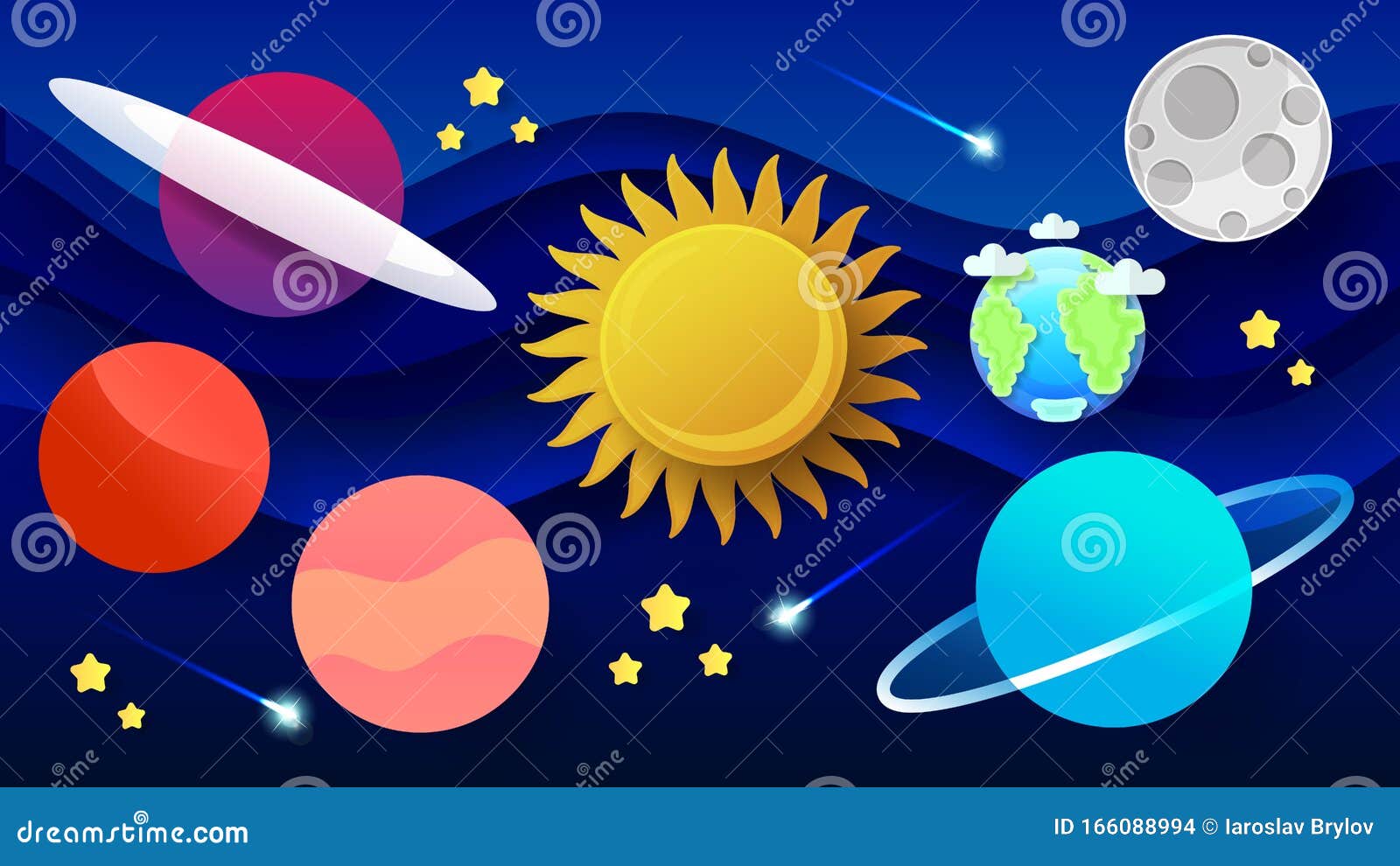 Space Flat Vector Background with Rocket, Spaceship, Moon, Planets ...
