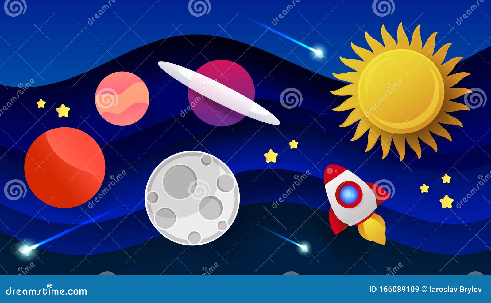 Space Flat Vector Background with Rocket, Spaceship, Moon, Planets ...