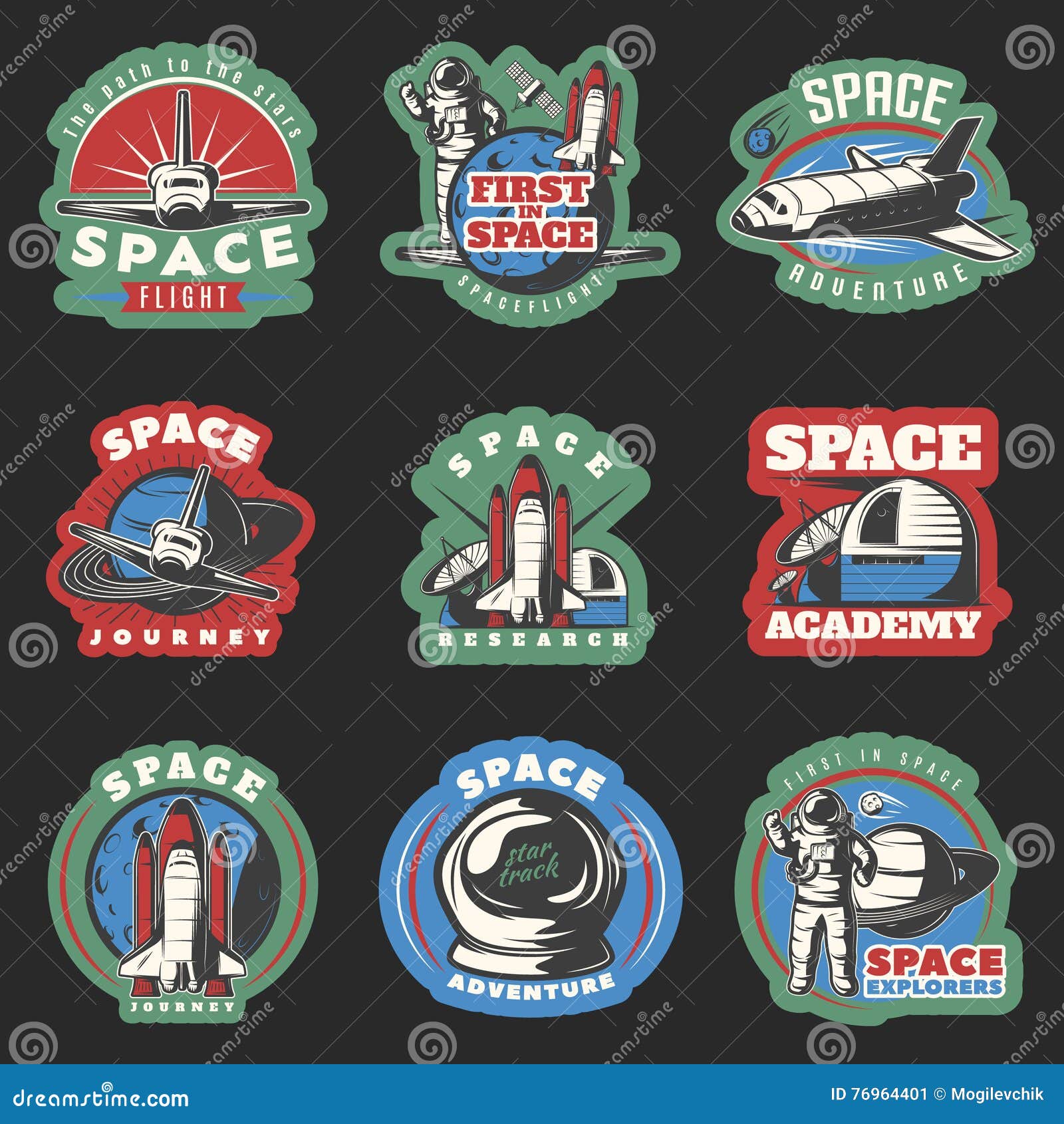 Space Flights and Research Colored Emblems Stock Vector - Illustration ...