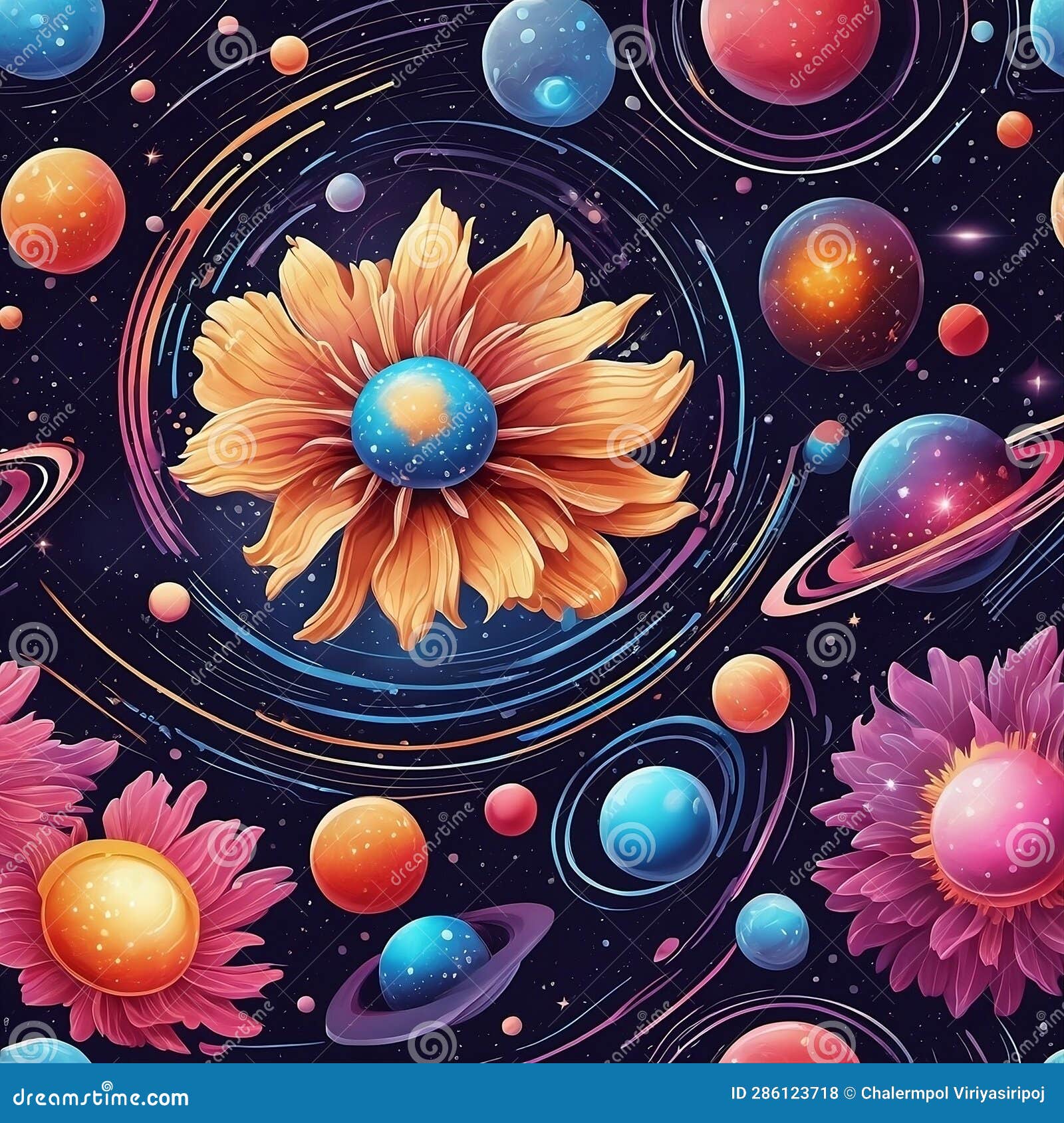 Space Flowers and Planets Seamless Pattern. Stock Illustration ...